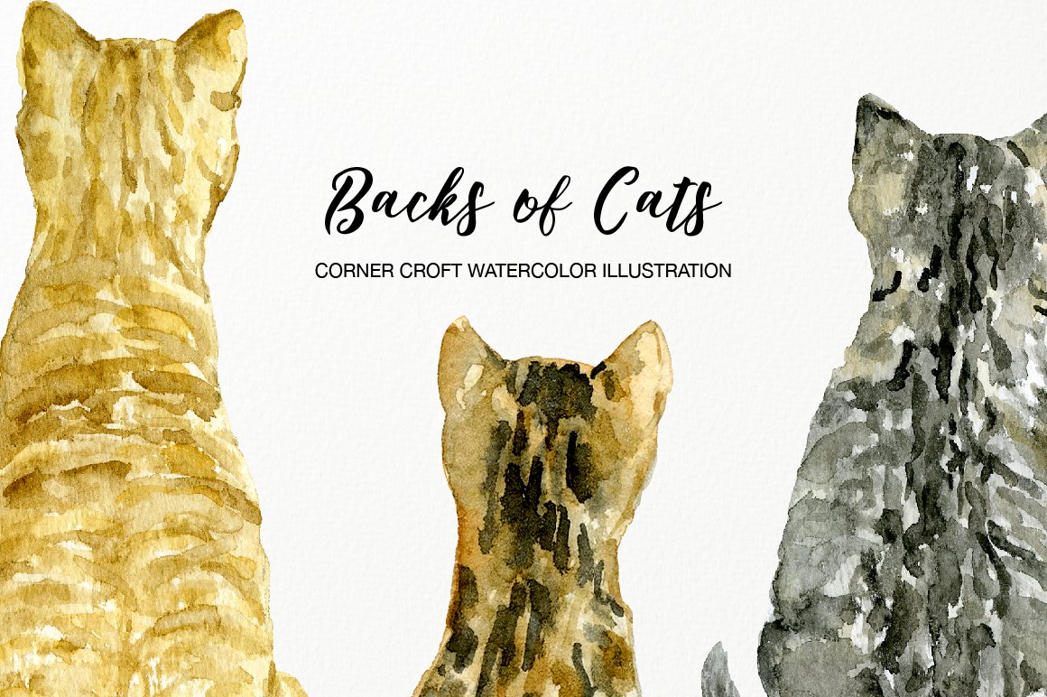 Watercolor Cat illustration, back of cats