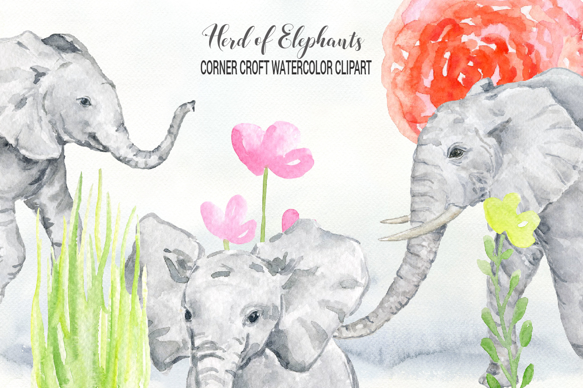 Watercolor Clipart Herd of Elephants, Wildlife Graphics (71861 ...