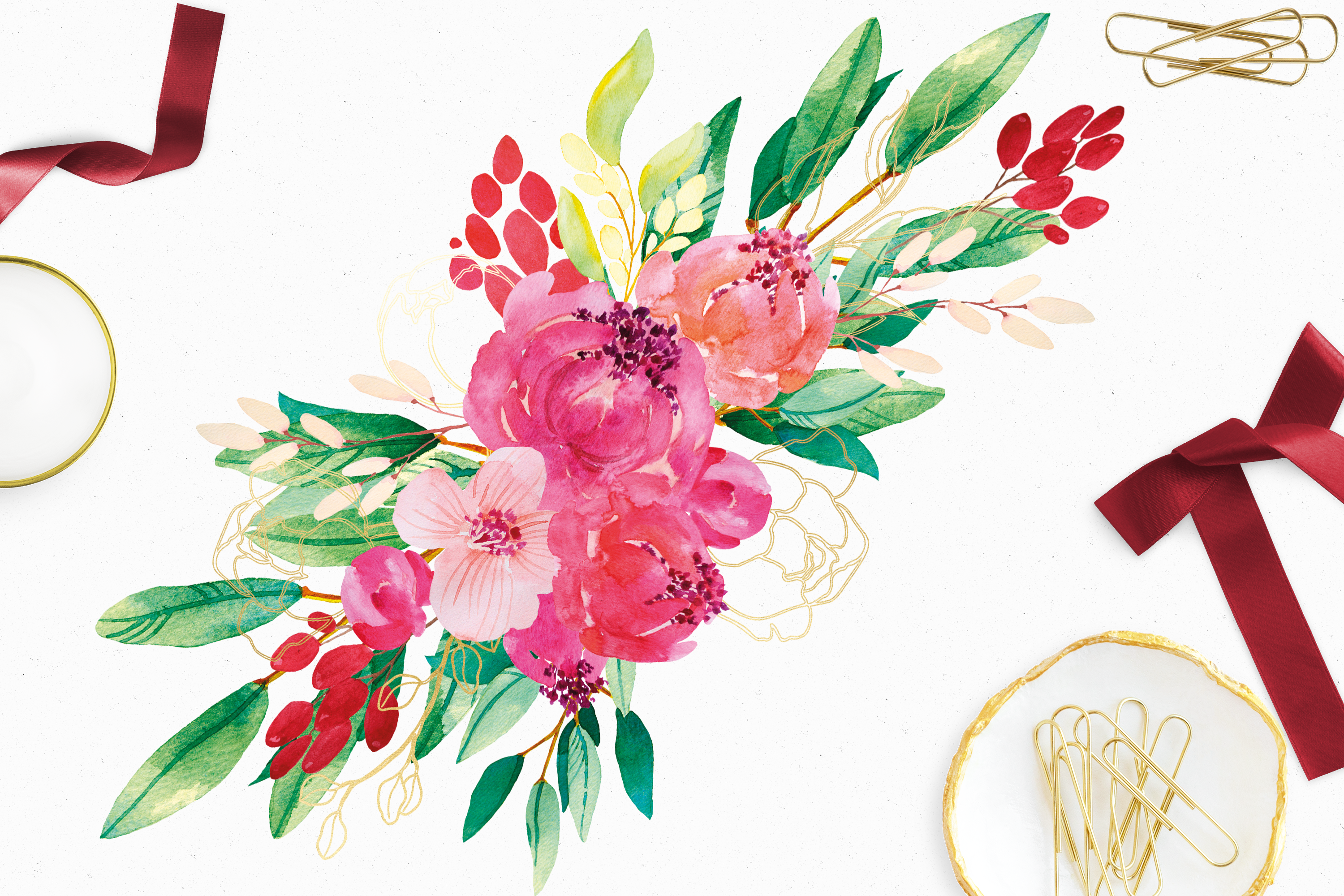 Gold and Crimson Watercolor Flowers Clip Art (179008) | Illustrations ...