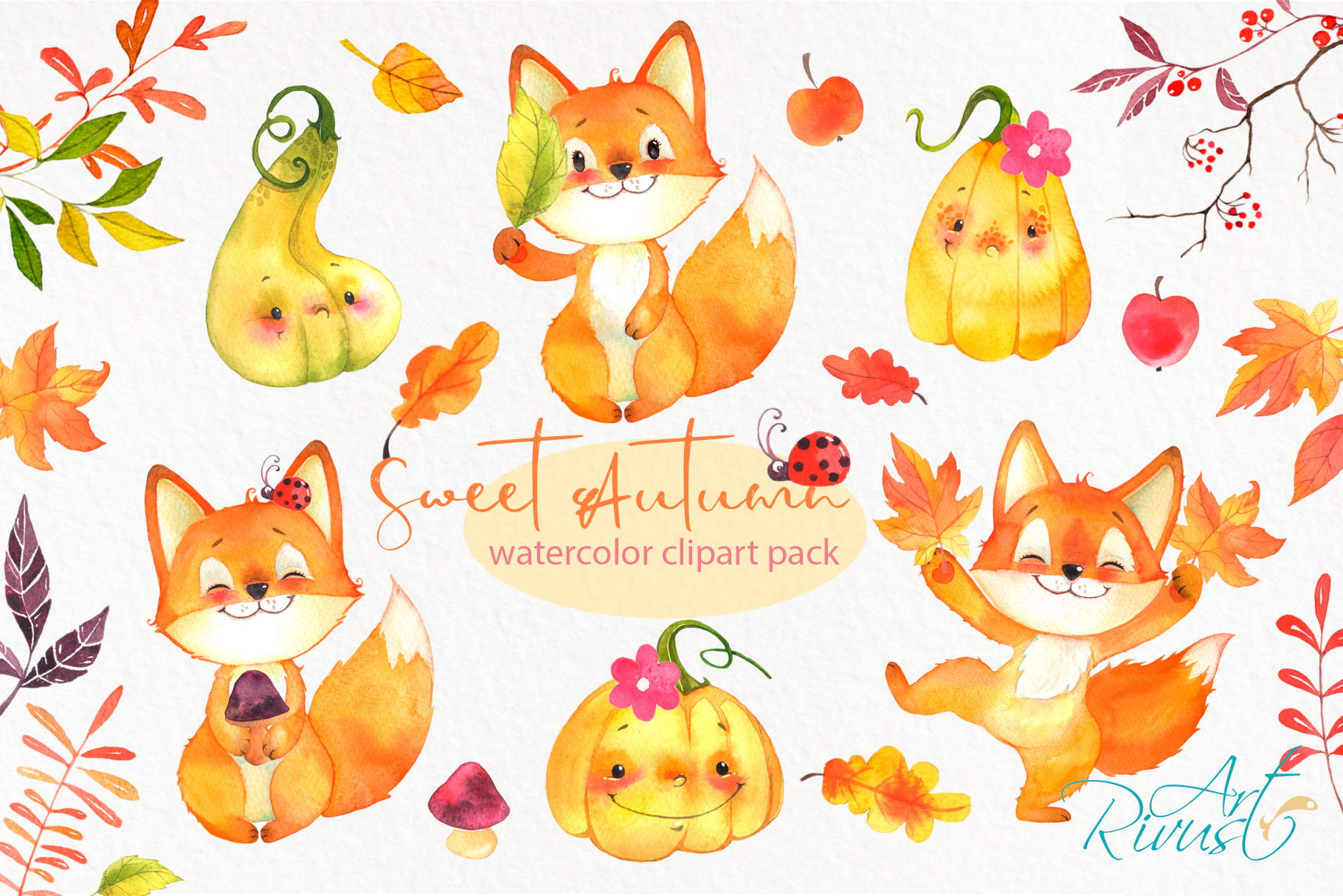 Cute Fall watercolor clipart Forest baby animals clip art. (302360 ...
