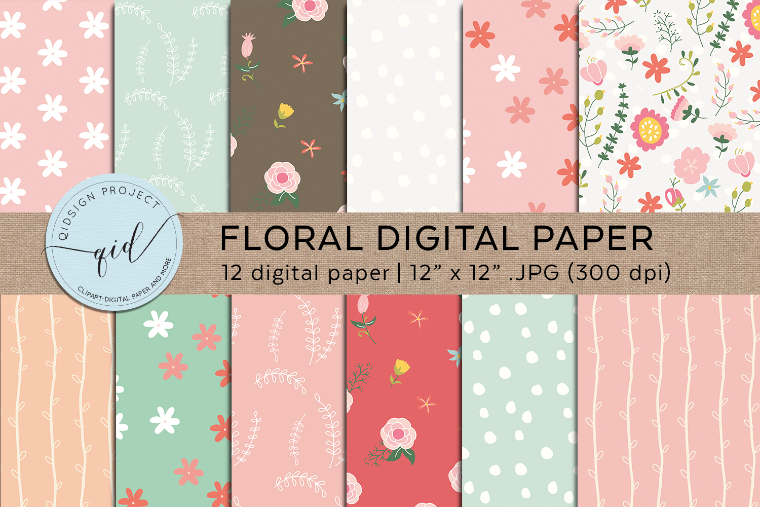 Floral Digital Paper with handrawn flower in pastel colors (217733 ...