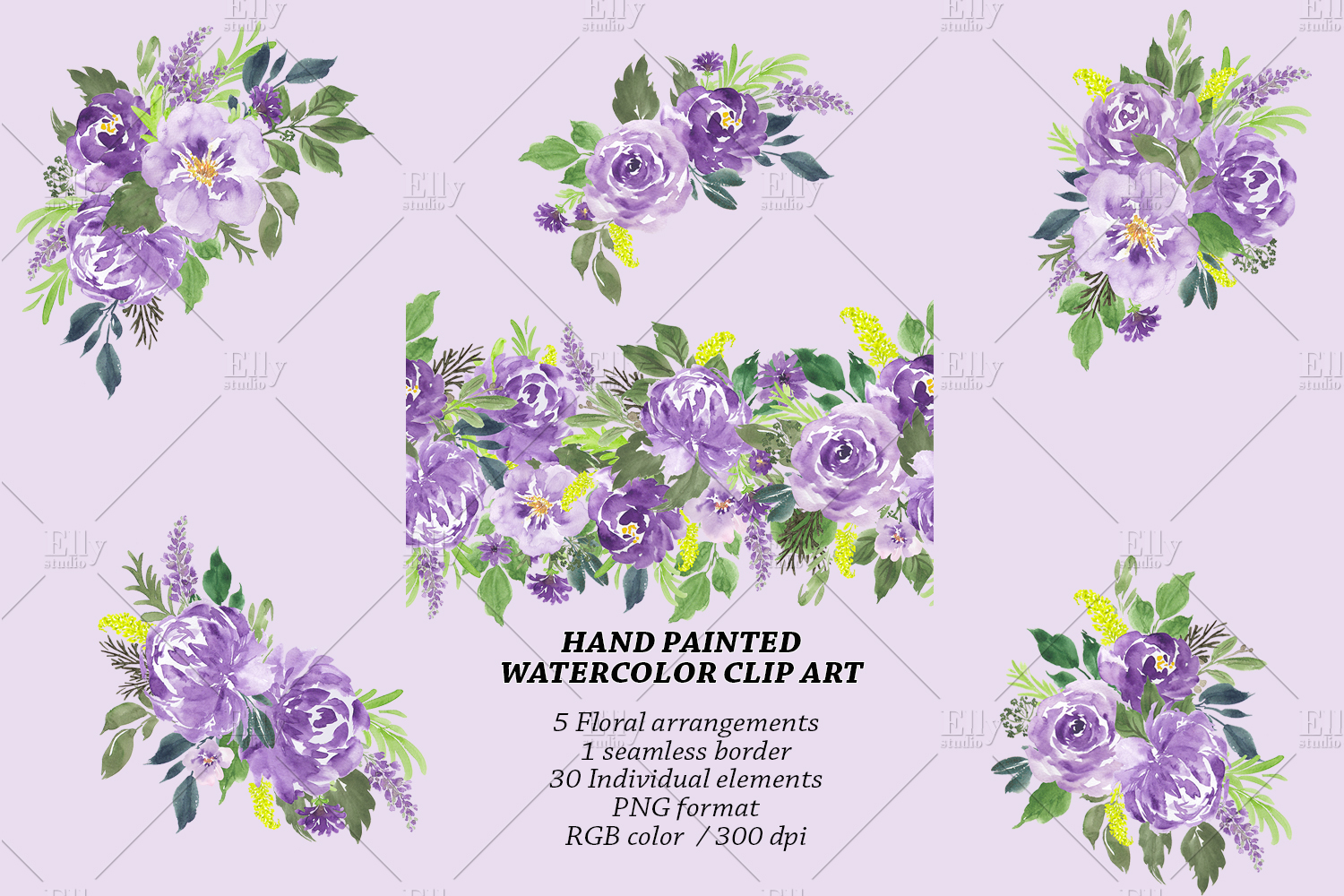 Purple Flowers Watercolor Clip Art (99571) | Illustrations | Design Bundles