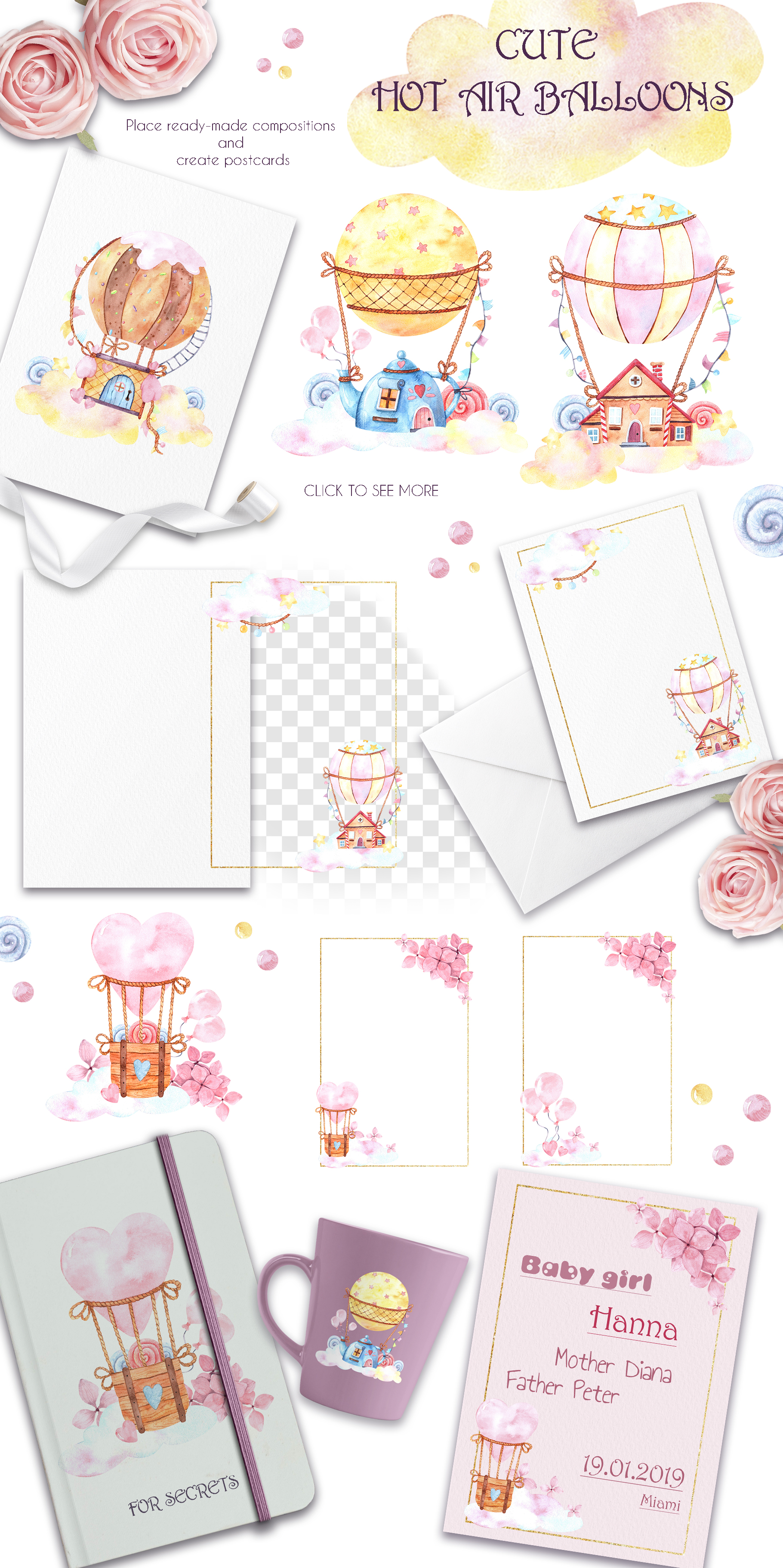 Cute hot air balloons watercolor set