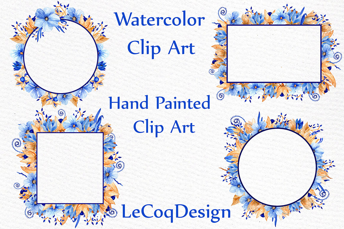 Blue Gold Floral frames clipart (25174) | Illustrations | Design Bundles