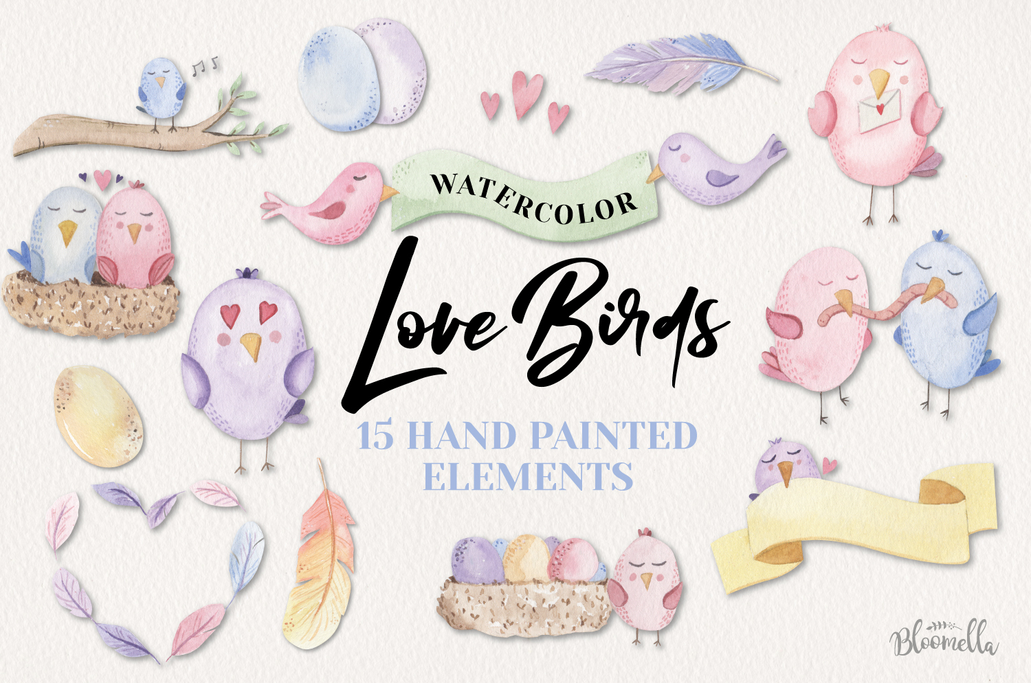 Love Birds 15 Valentines Watercolor Elements Feathers Eggs