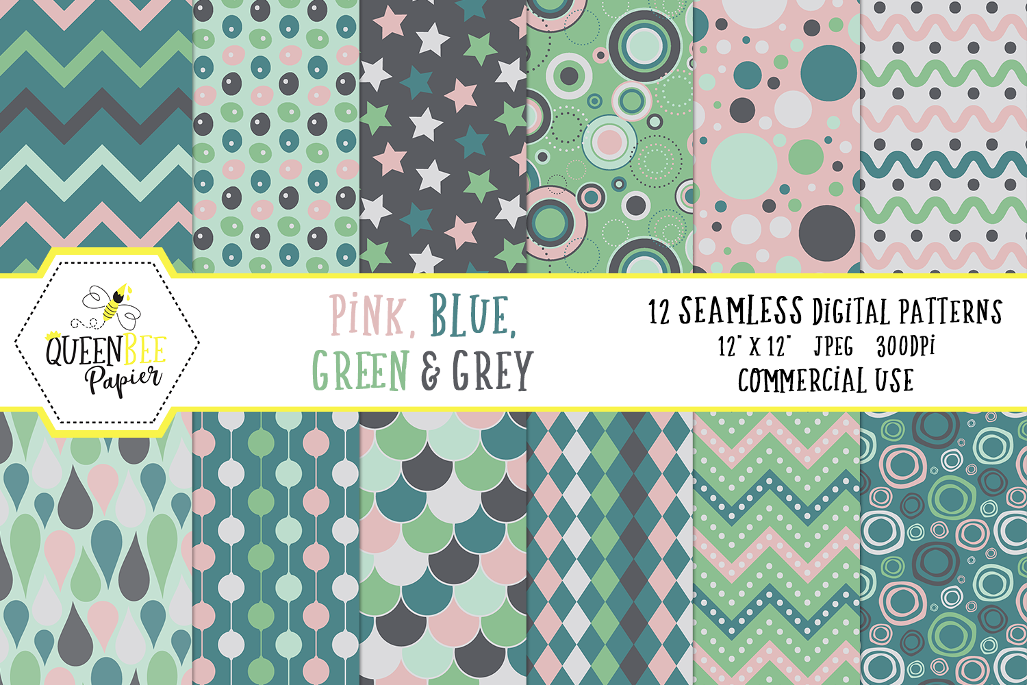 Pink, Green, Blue, Grey Seamless Digital Patterns