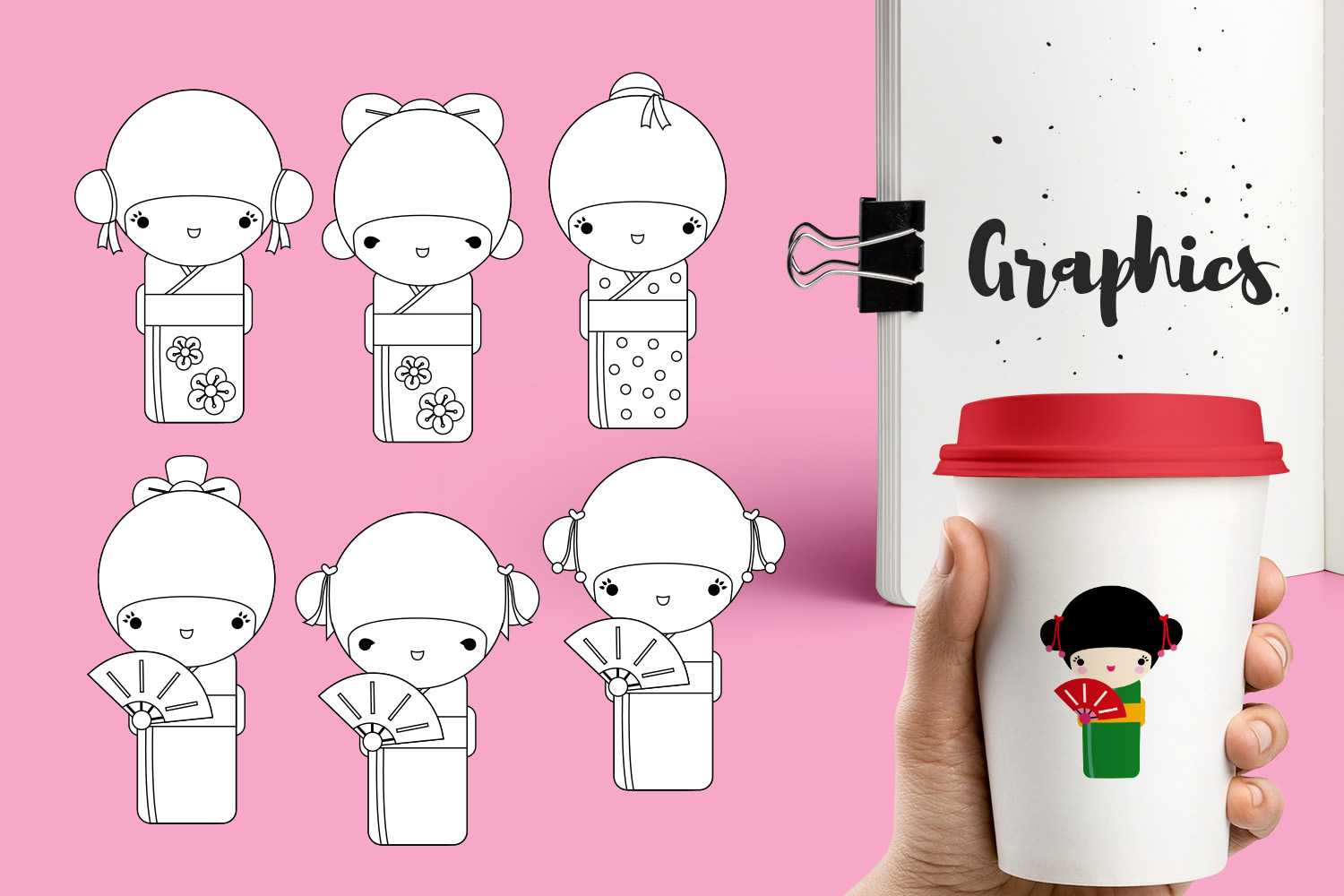 Kawaii Japanese Dolls clipart - Kokeshi Kimono girls (99701 ...