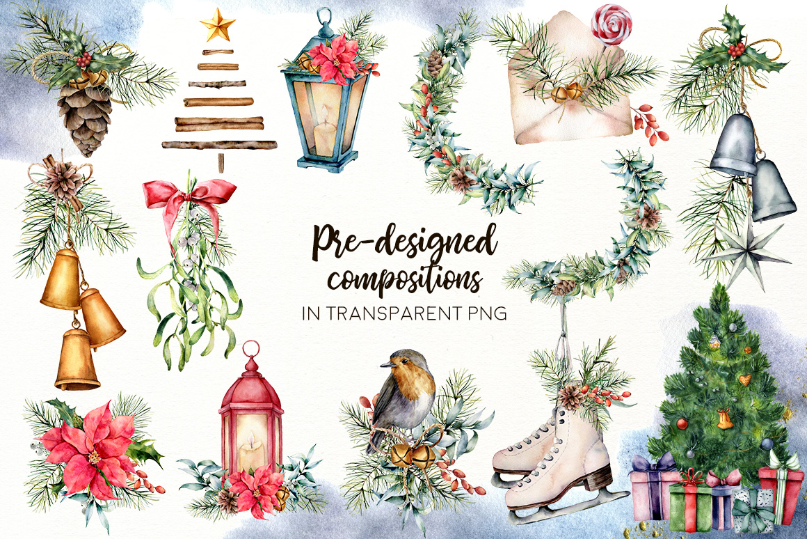 Christmas traditions. Watercolor clip art