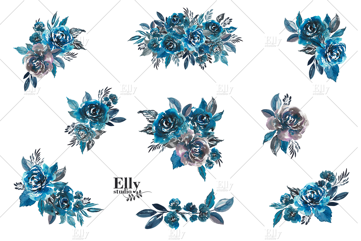 Watercolor Flowers Indigo Clipart