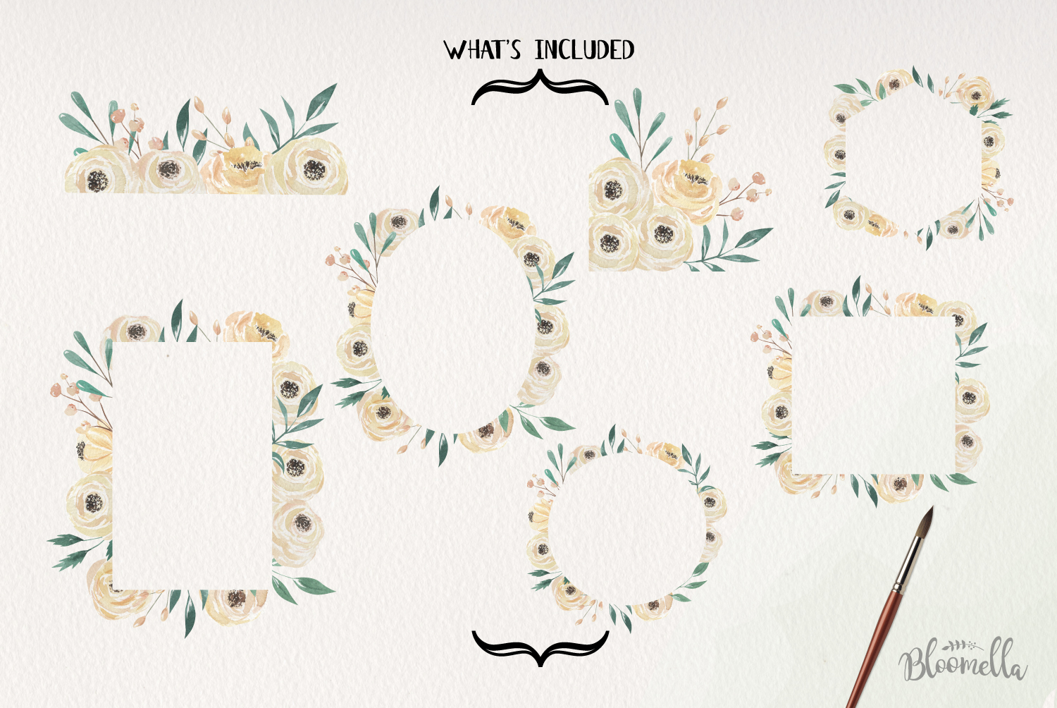 Ivory Flowers 7 Frames Borders Watercolor Cream Leaves