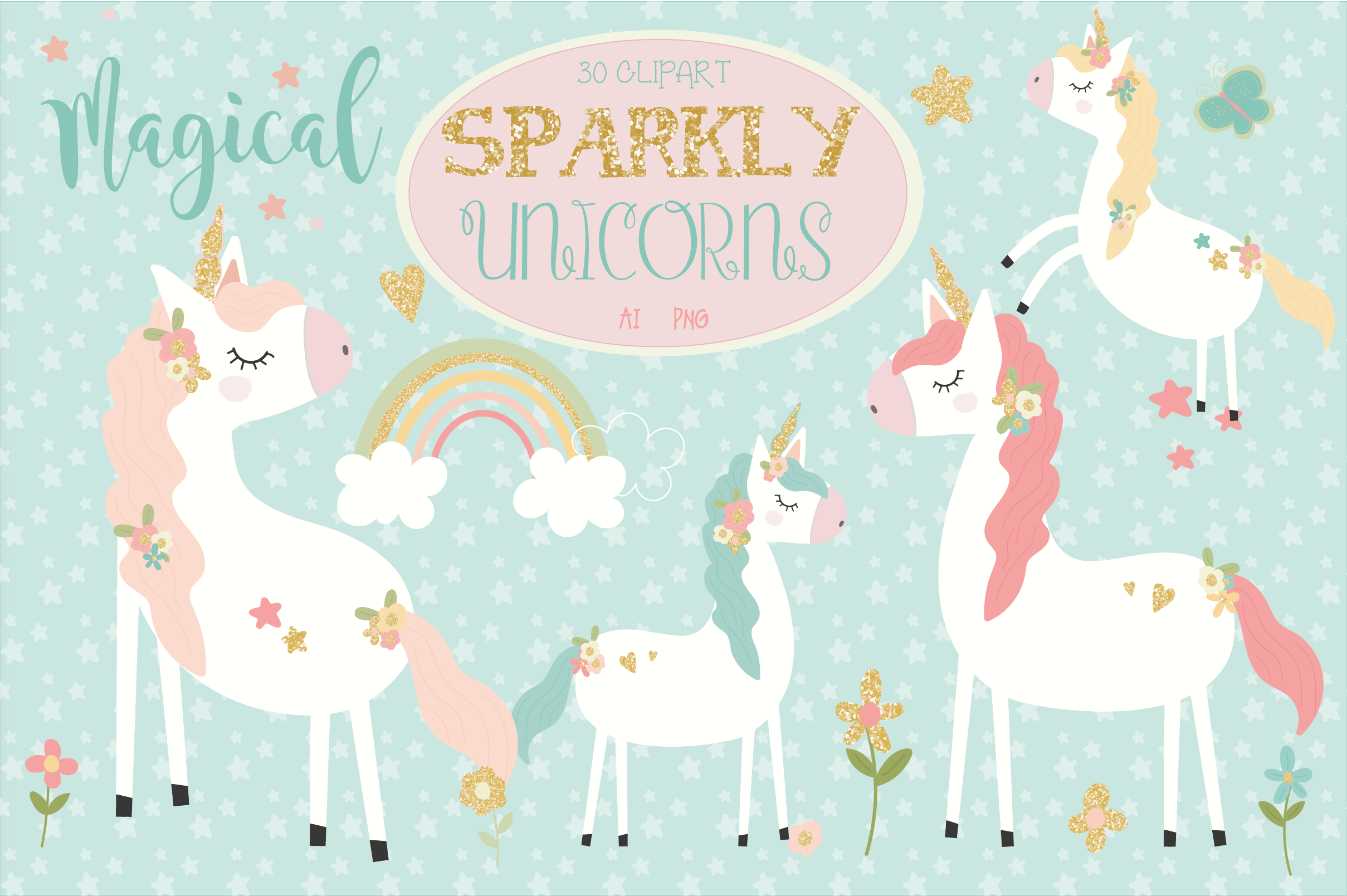 Sparkly unicorns (65312) | Illustrations | Design Bundles