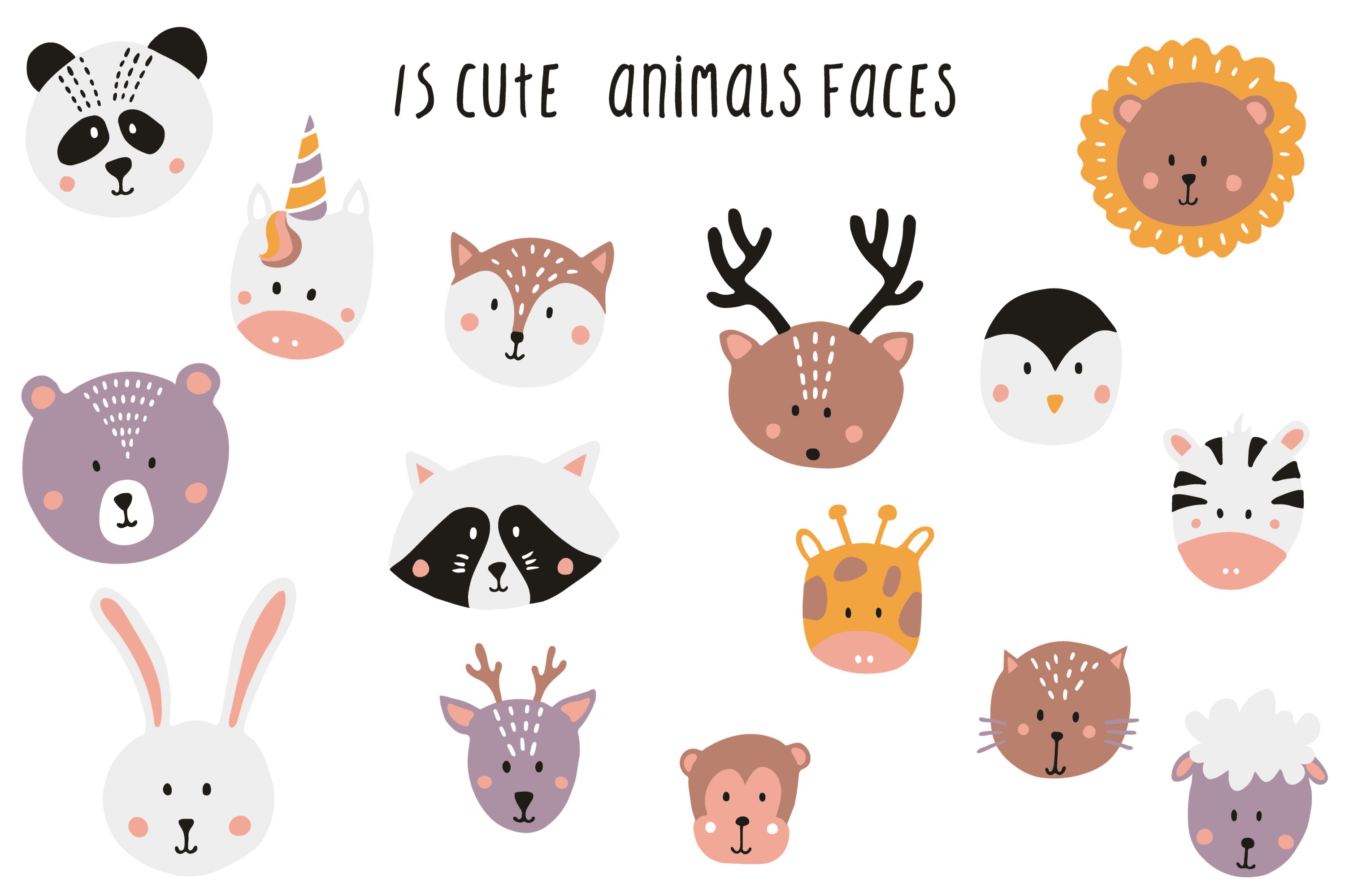 Cute animals faces illustrations and patterns