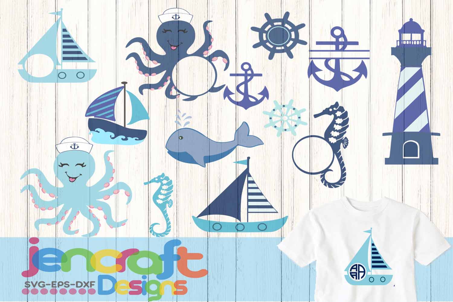 Nautical Sea Creatures Monogram Frame SVG, DXF, EPS, Png (110538 ...