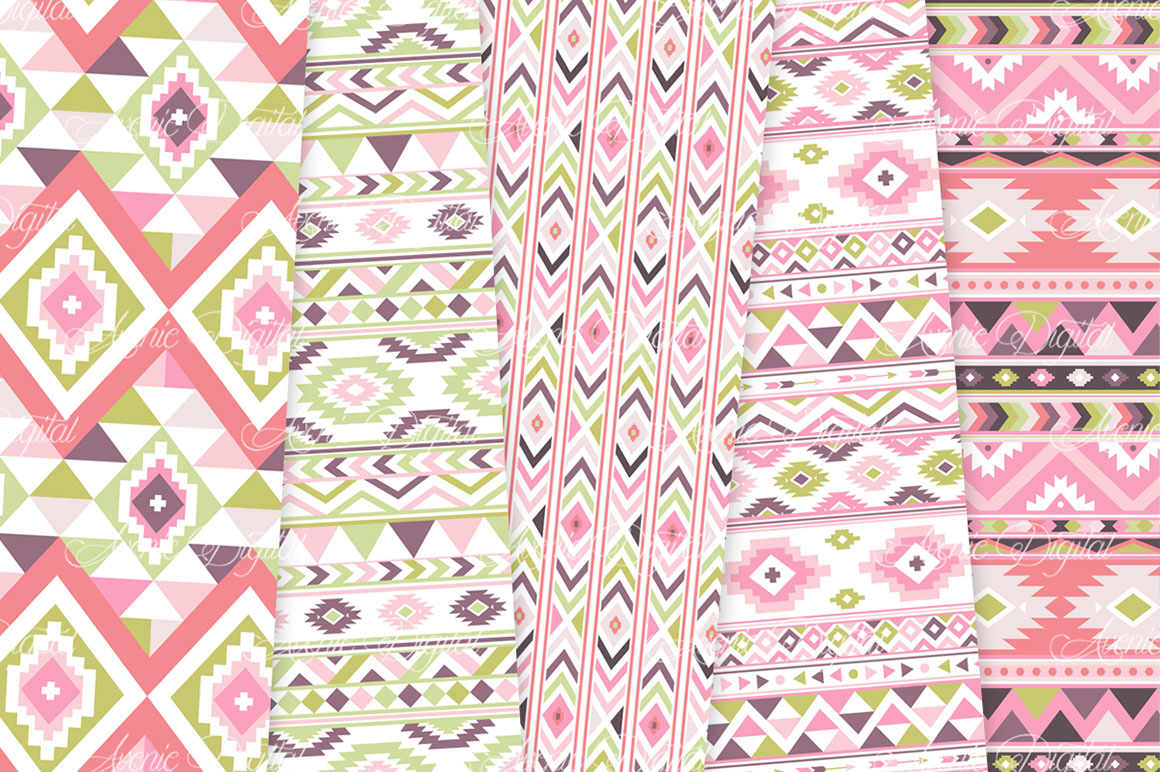 Pink and Green Boho Seamless Patterns