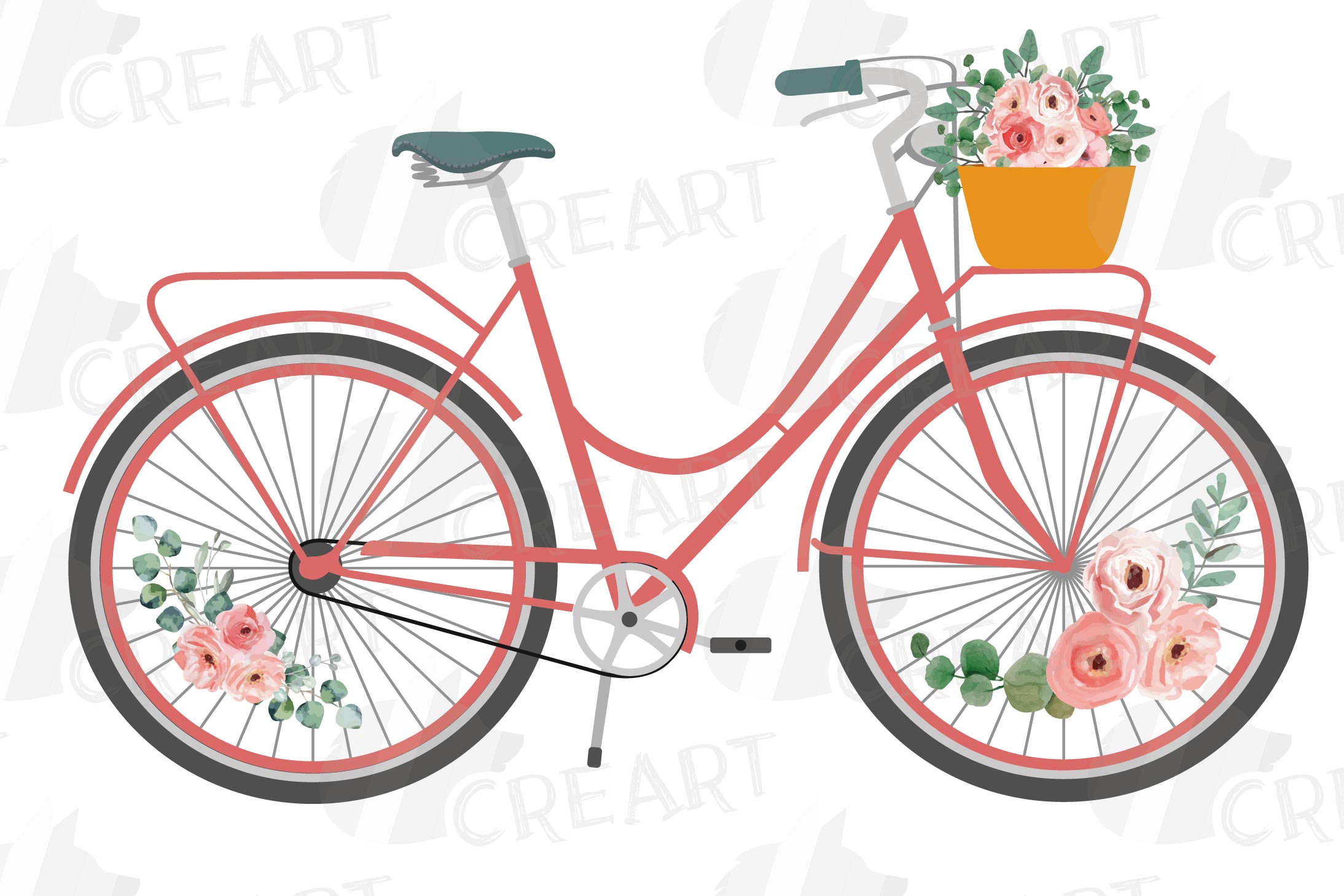 Pink floral bicycles wedding decor clip art. Bikes party png