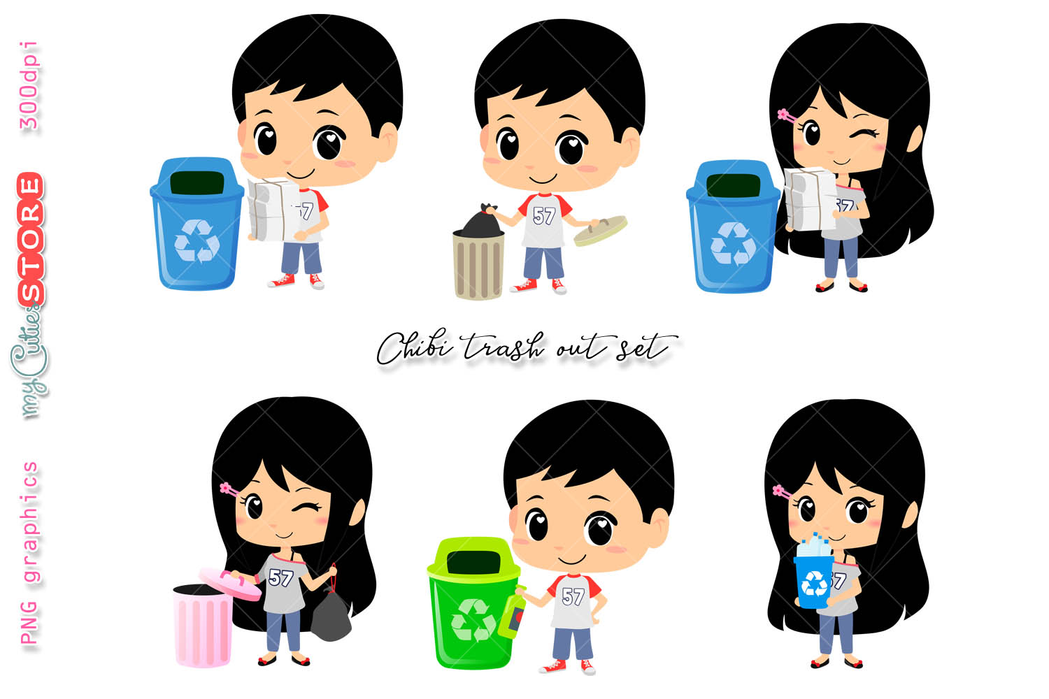 Collection of kids recycling and trash out clipart, kawaii clip art set ...