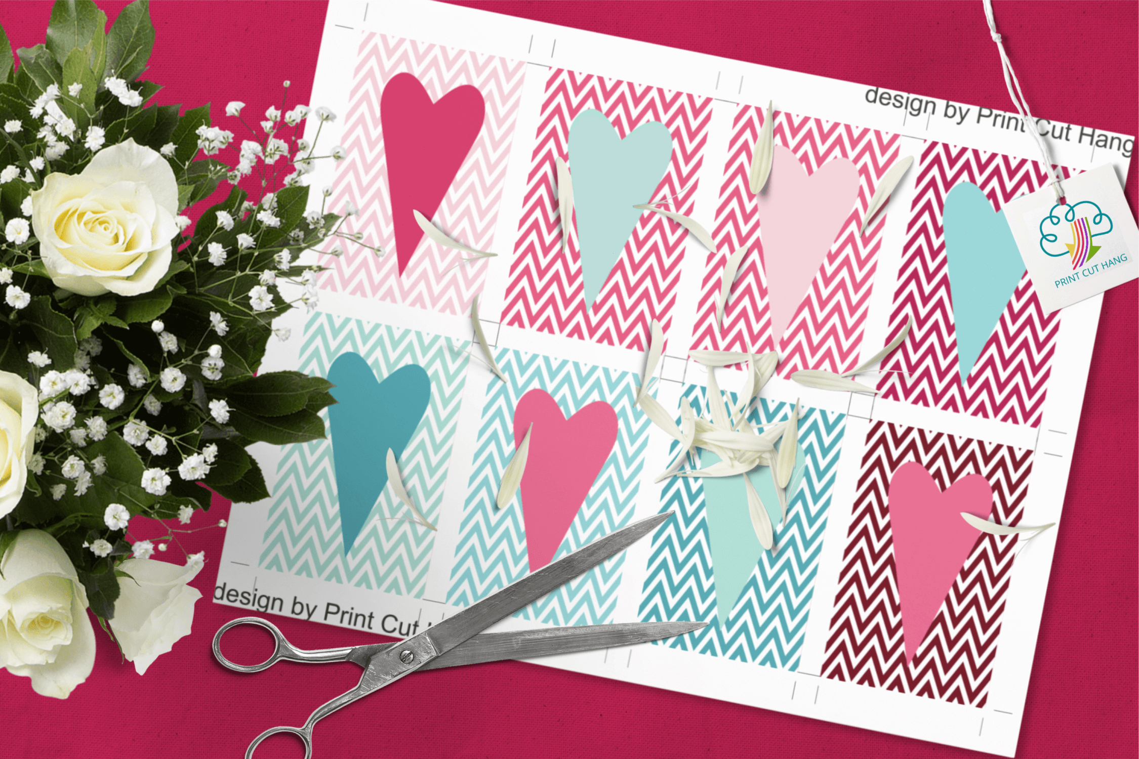 Chevron with Long Hearts Printable Valentine Tags PDF file