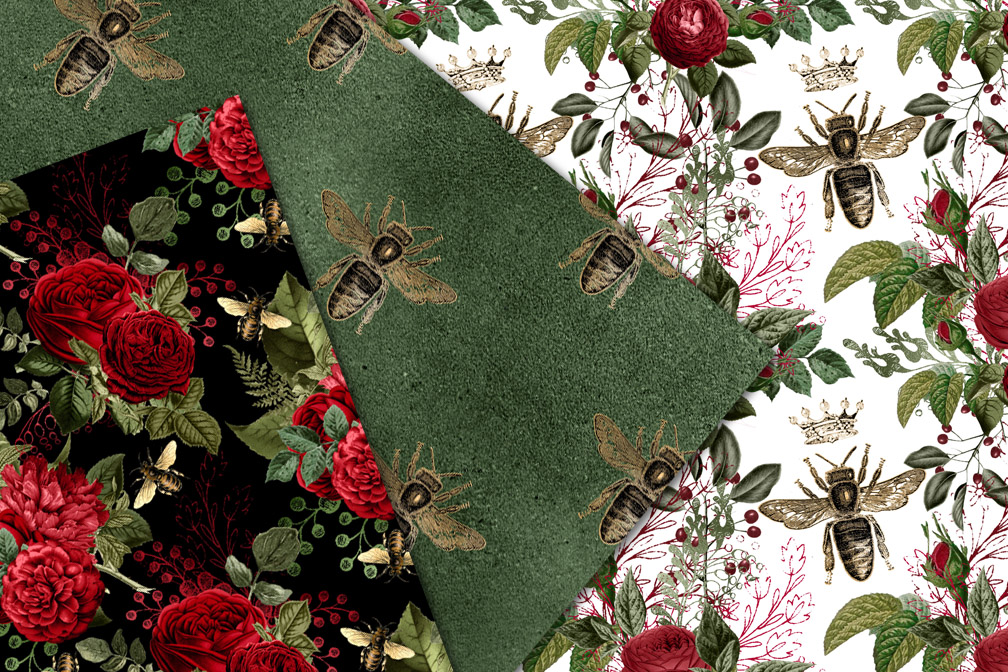 Red Rose Bee Seamless Patterns