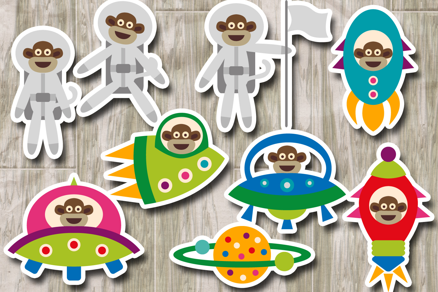 Space monkeys - rocket, planet, space ships clip art