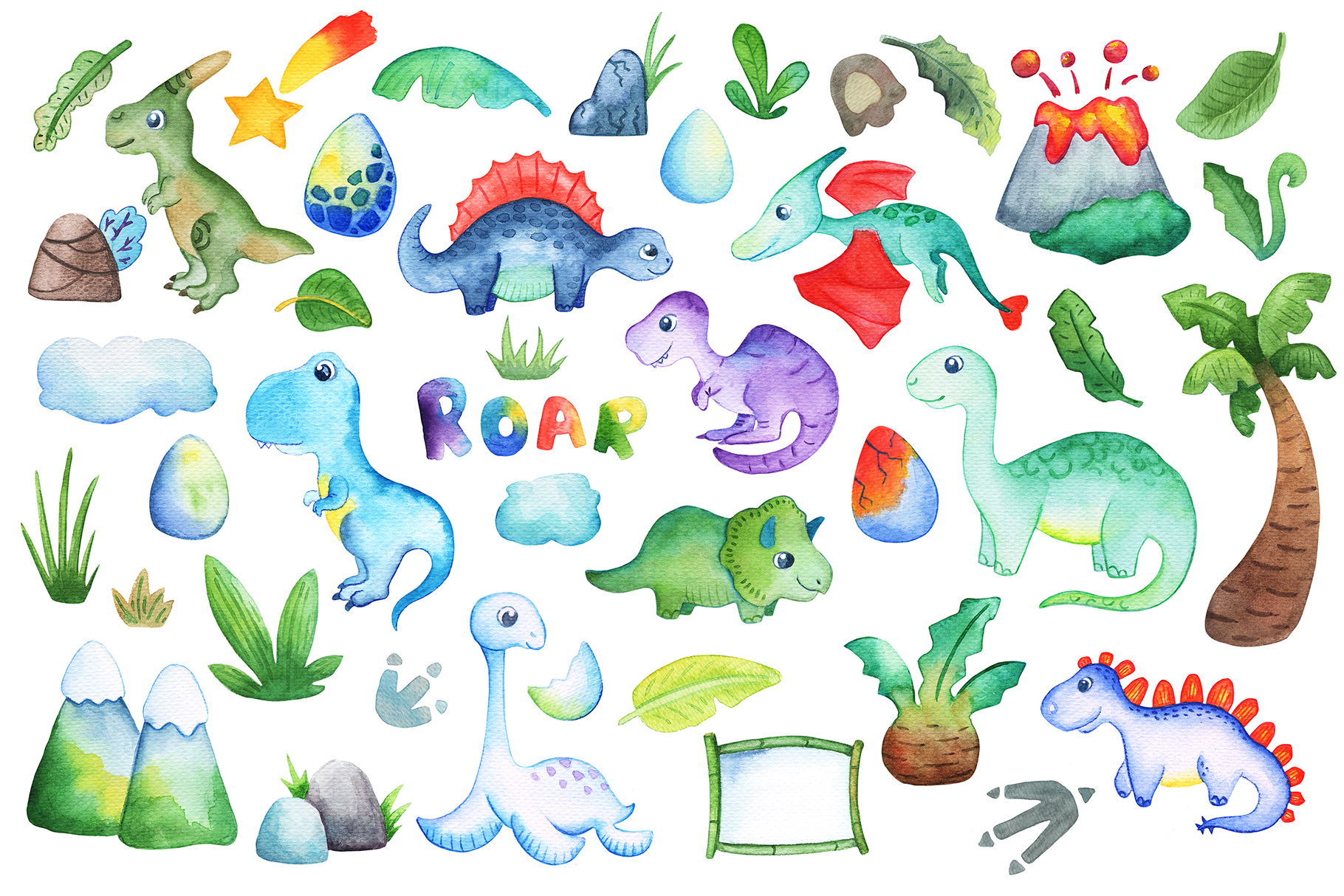 Watercolor Dinosaurs Clipart And Seamless Patterns (317069 ...