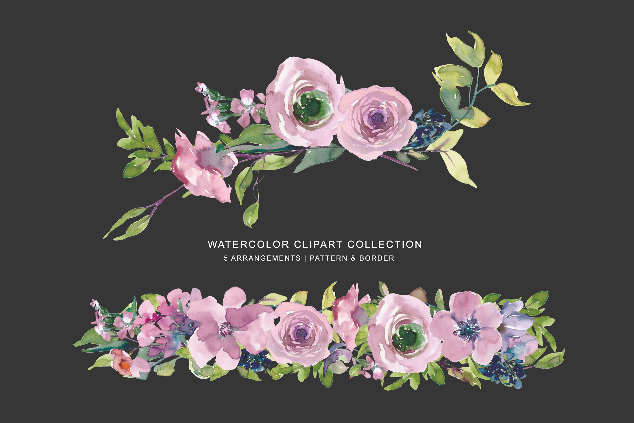 Watercolor Mauve Rose Clipart Pattern and Border