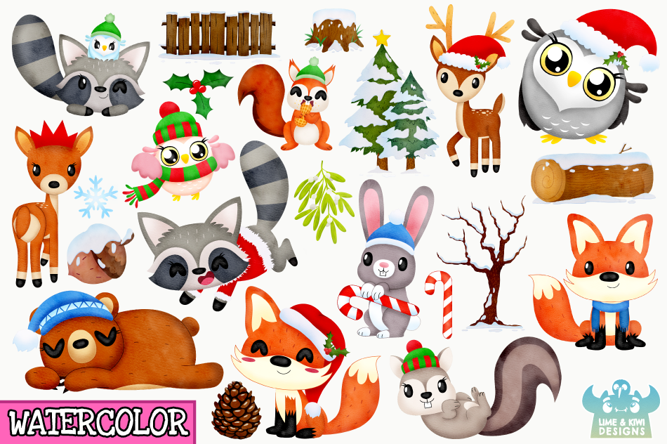 Christmas Woodland Animals Watercolor Clipart (367074) | Illustrations ...