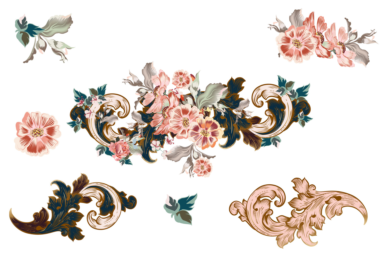Collection of vector vintage flourishes with flowers Vol.3