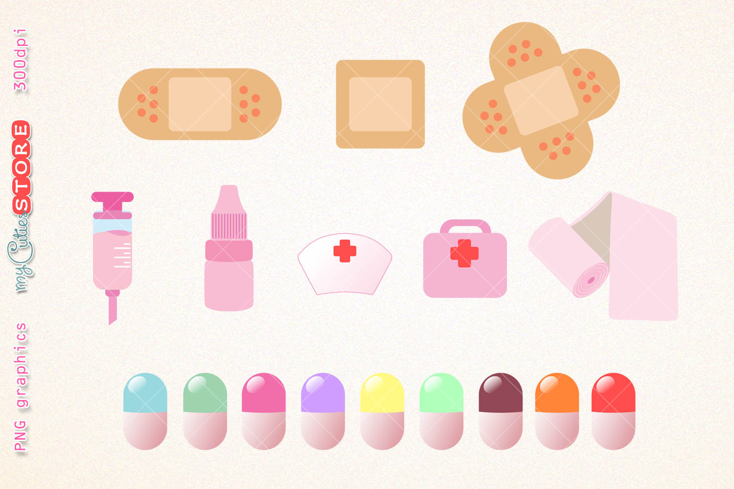 Collection of health aid kawaii clipart, pills and bandage aid medical ...