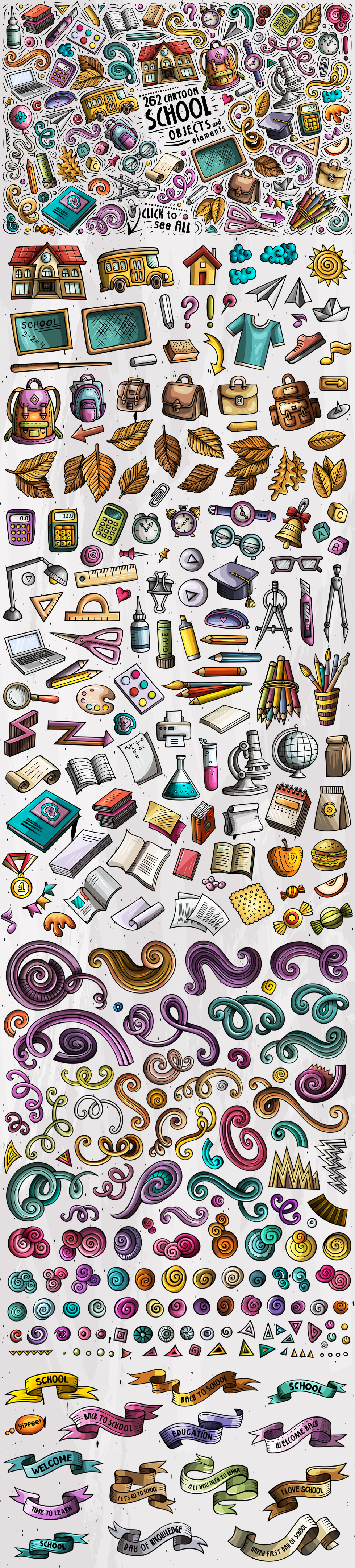 School Cartoon Objects Set