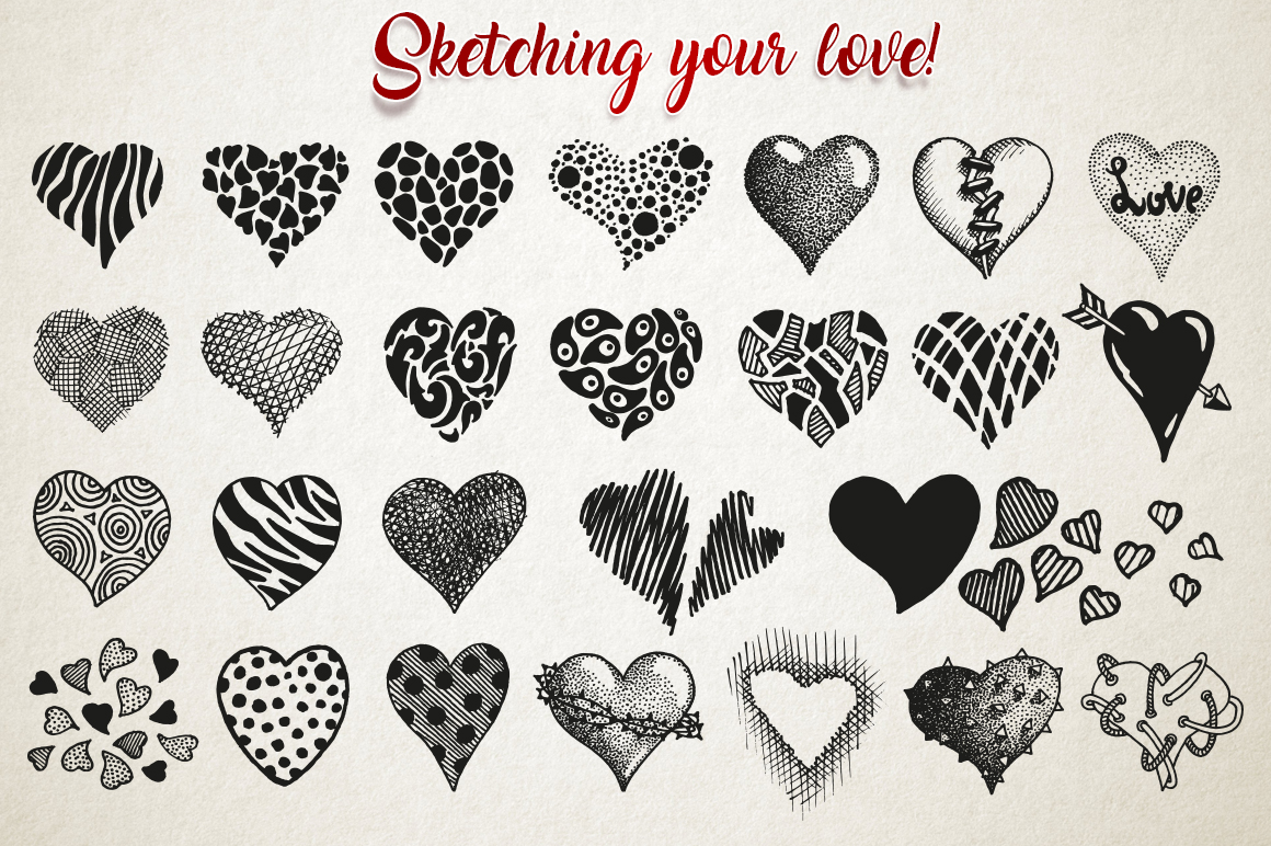Ink Sketching vector HEARTS (15043) | Objects | Design Bundles