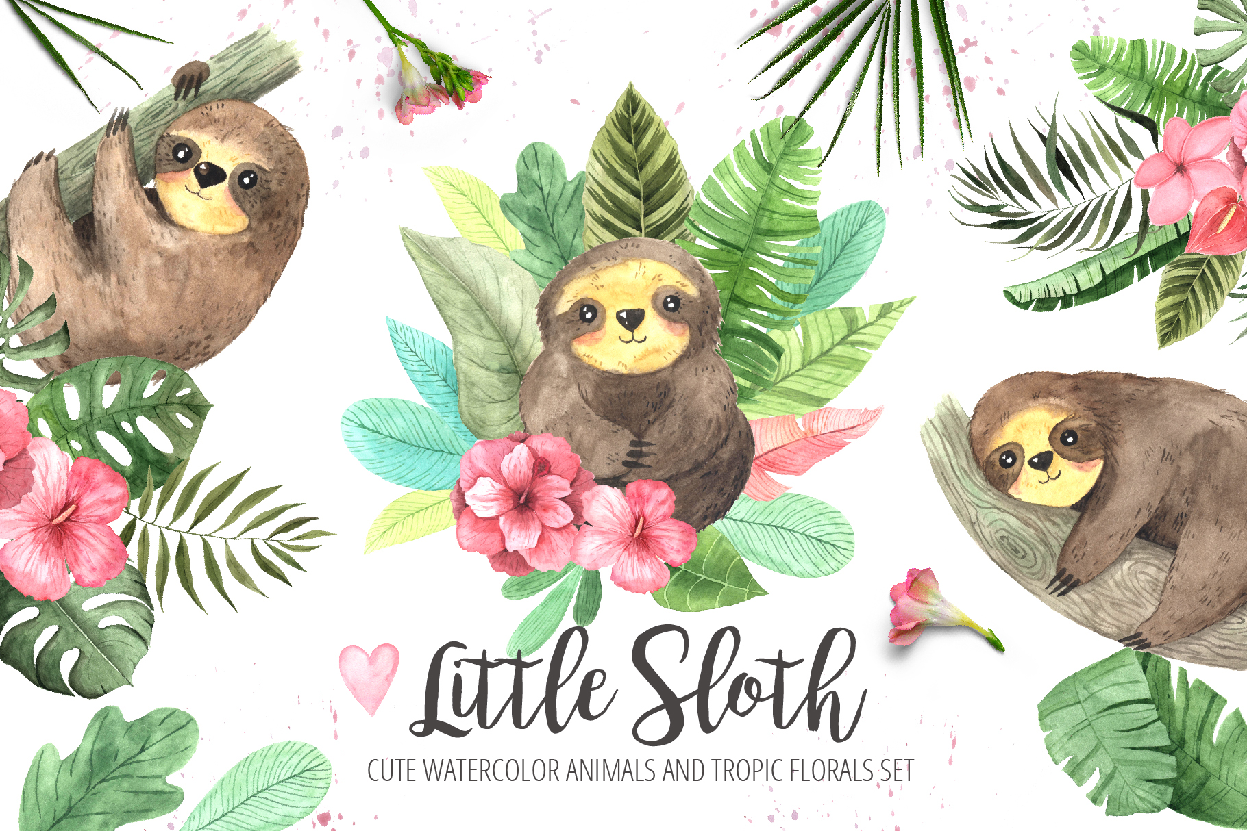 Watercolor Sloth and Tropic Florals (207862) | Illustrations | Design ...