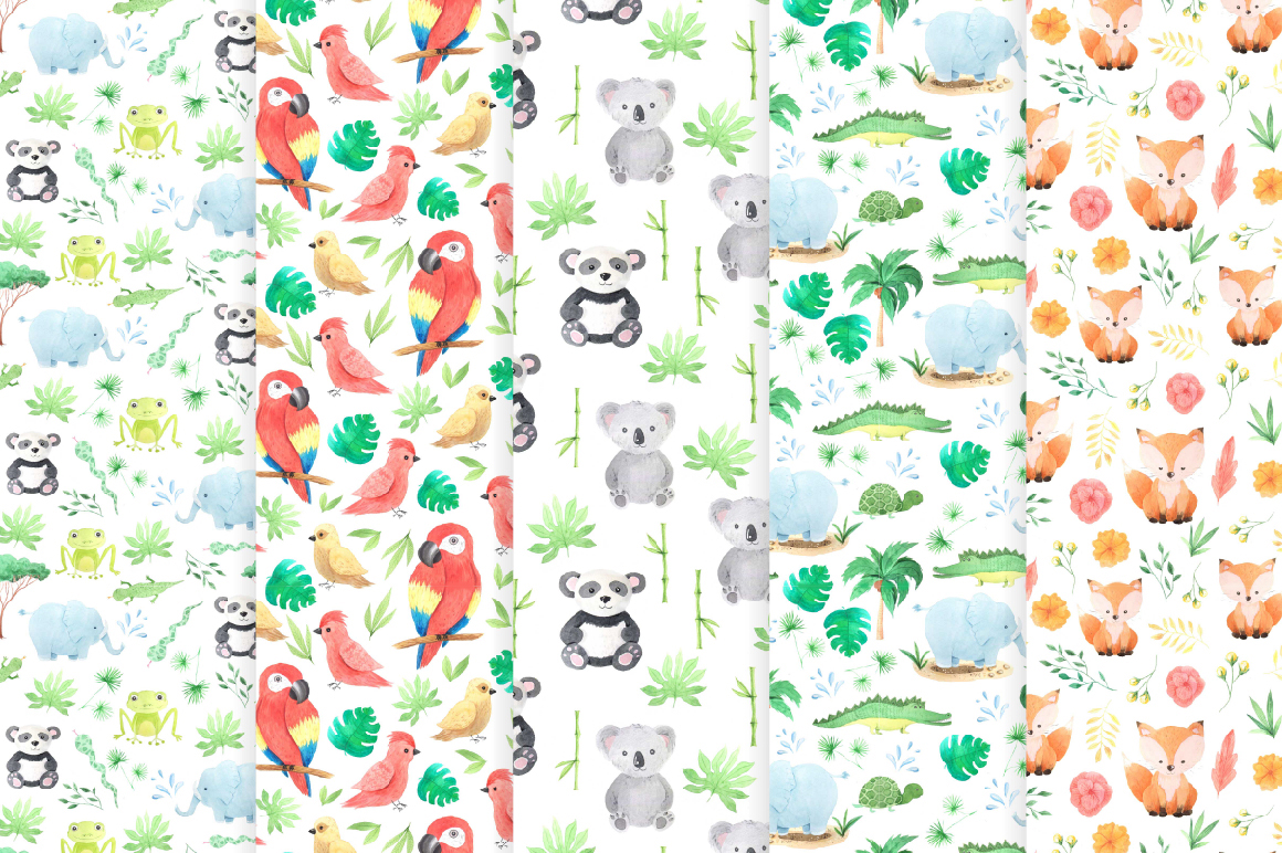 Watercolor Animals Patterns Set