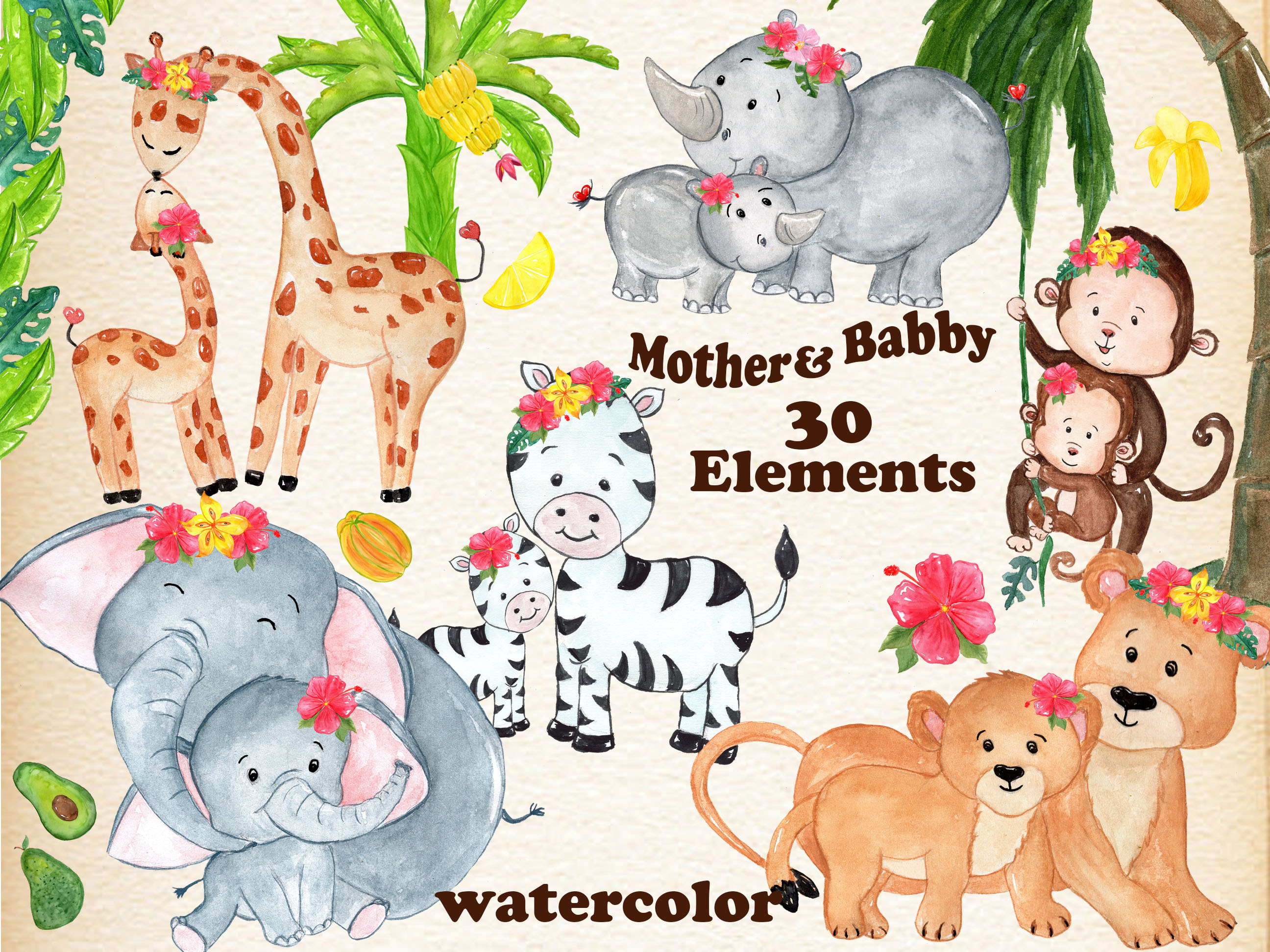 Mother and baby animals clipart (37058) | Illustrations | Design Bundles