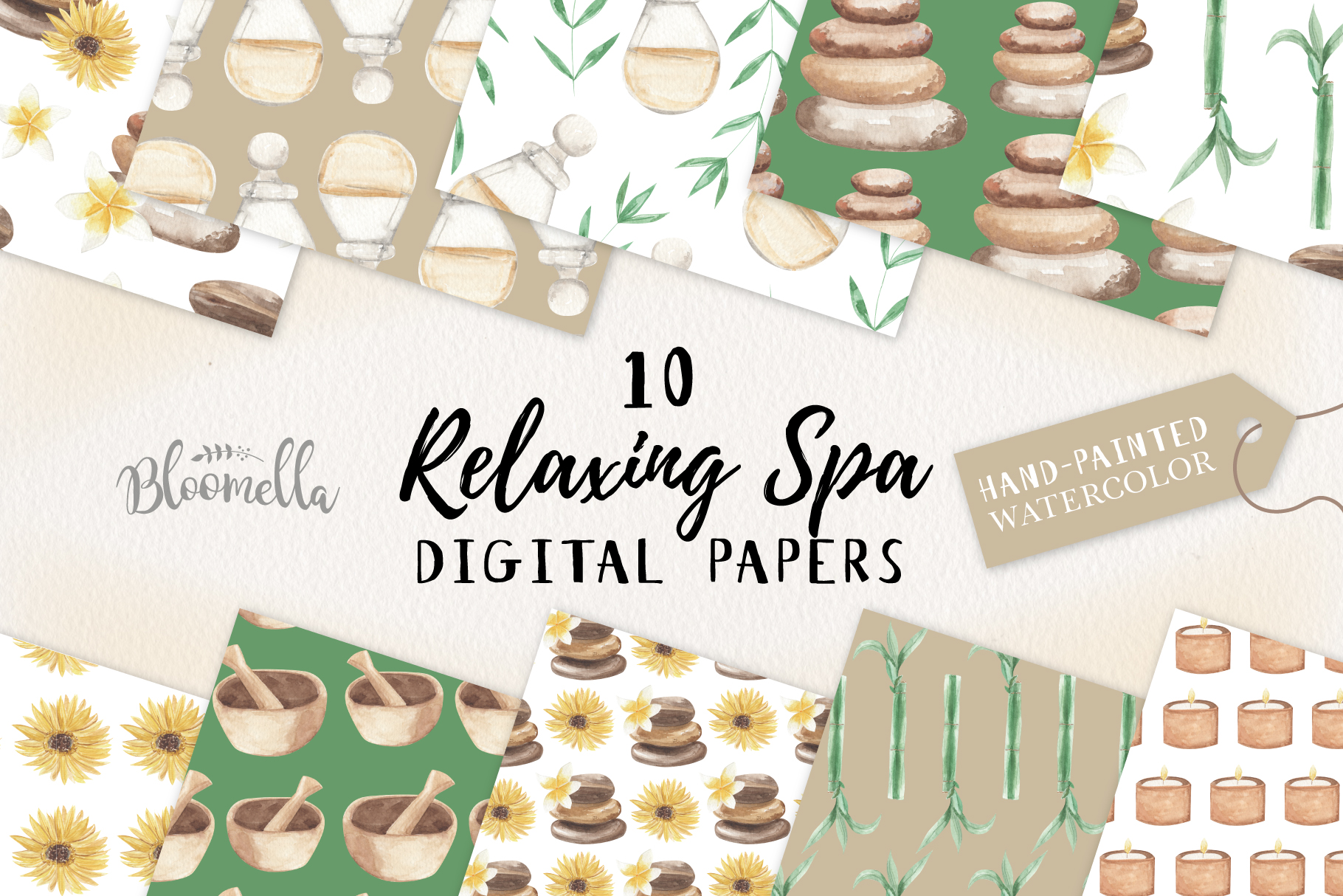 Spa Seamless Patterns Digital Papers Relaxing Bamboo Stones