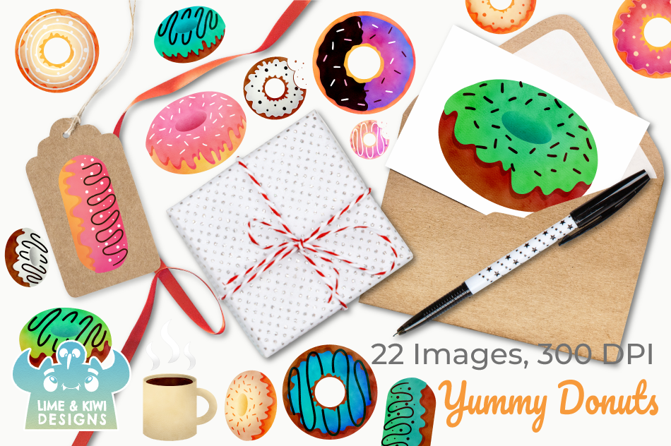 Yummy Donuts Watercolor Clipart, Instant Download Vector Art