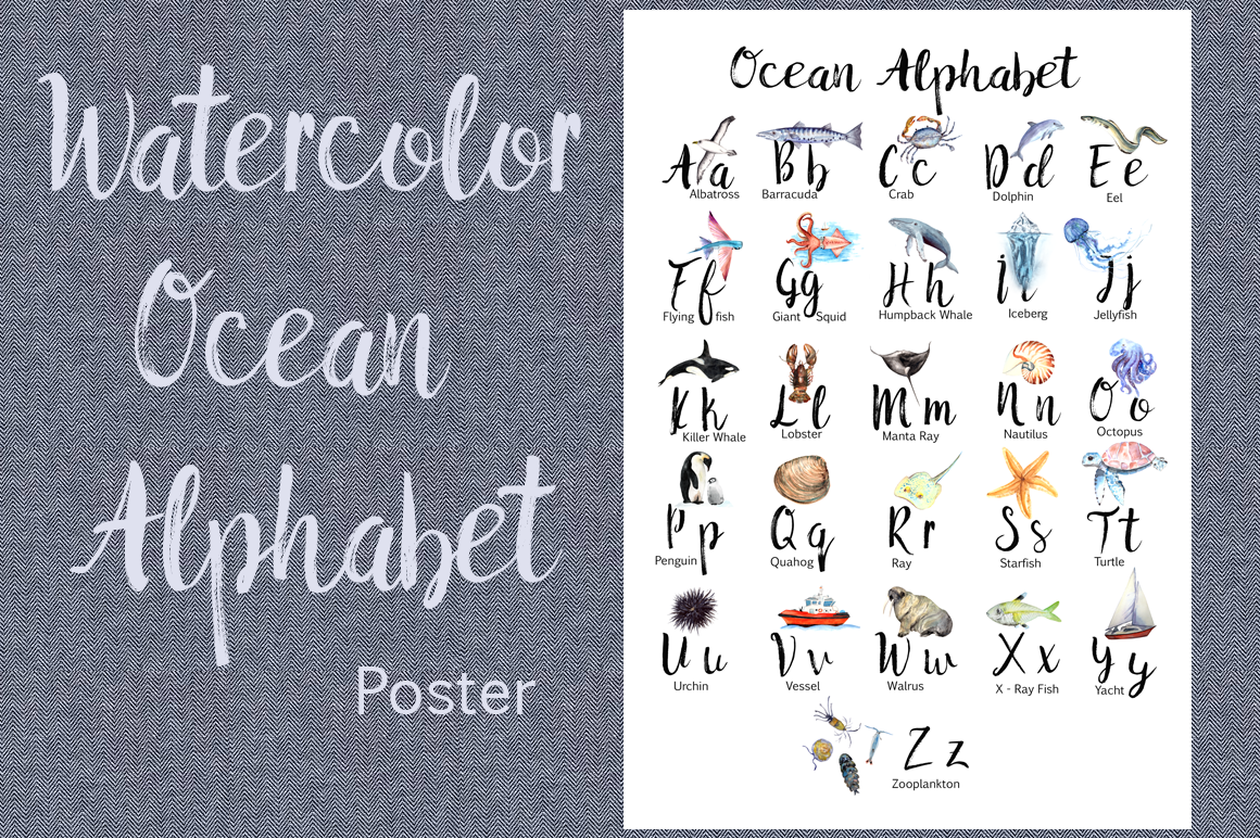 Watercolor Ocean Alphabet Clip Art + Poster