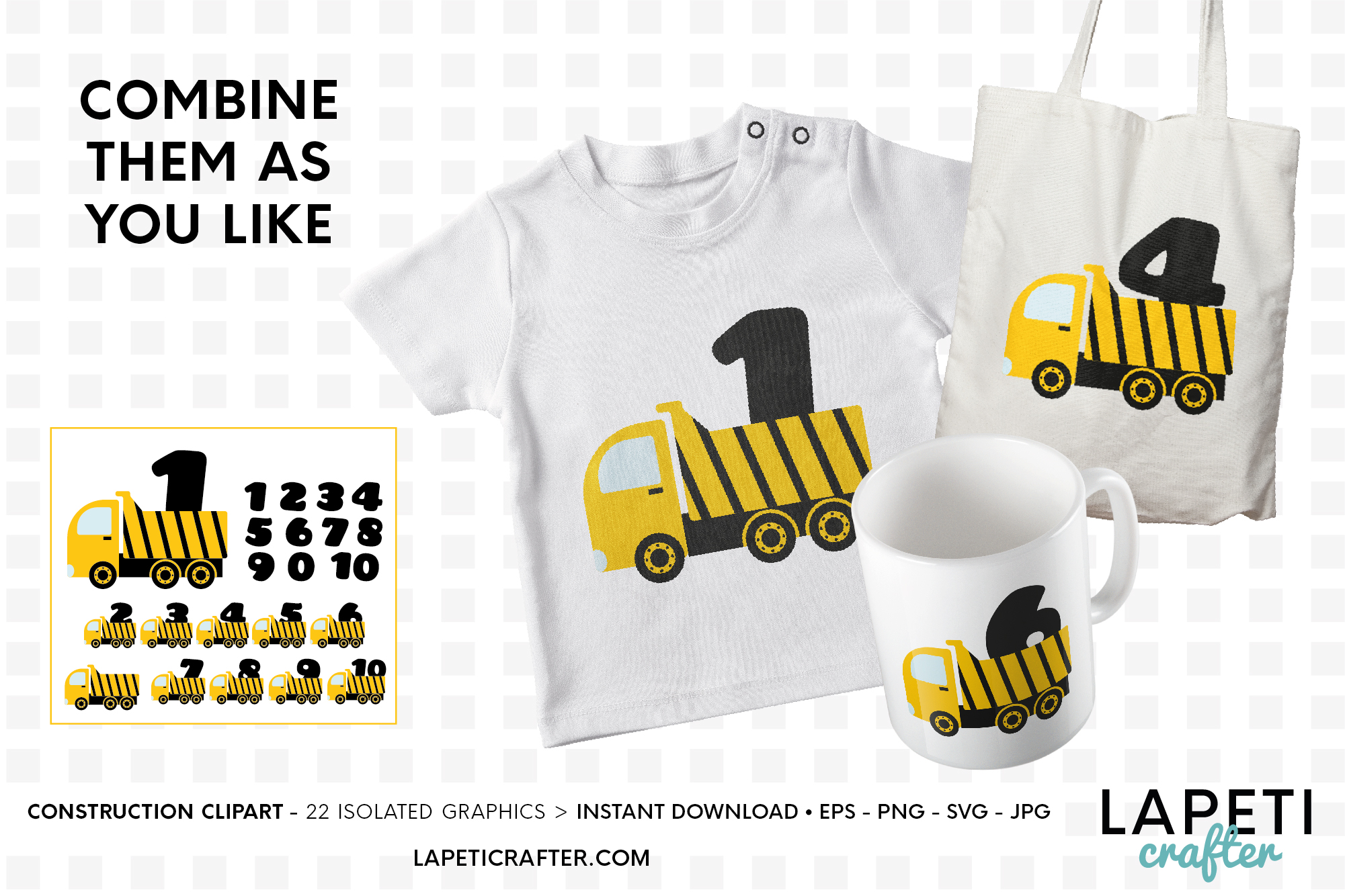 Construction birthday numbers, yellow party truck clipart