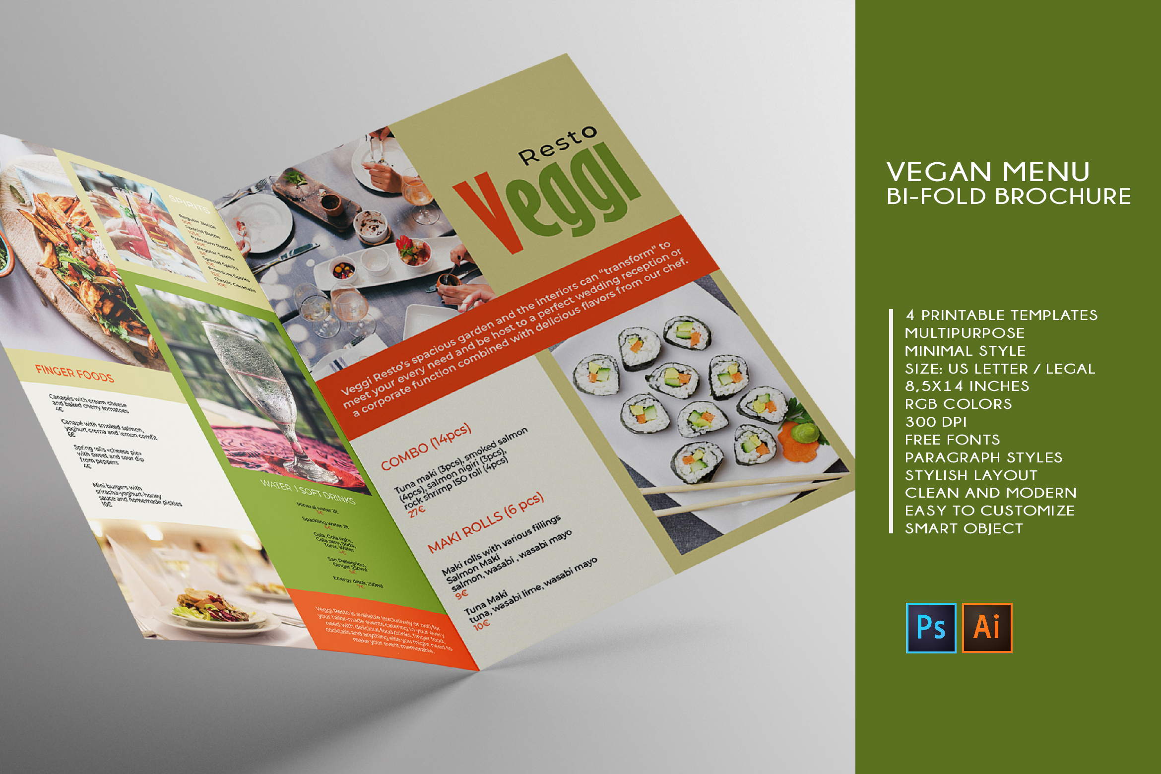 Vegan Menu Bifold Brochure A3 - AI/PSD Templates (242870) | Brochures ...
