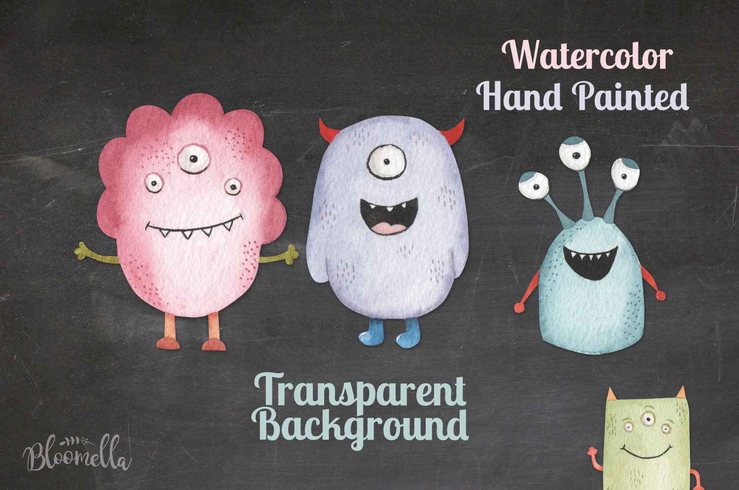 Fun Monsters Watercolor 6 Designs Set Kids Halloween Painted