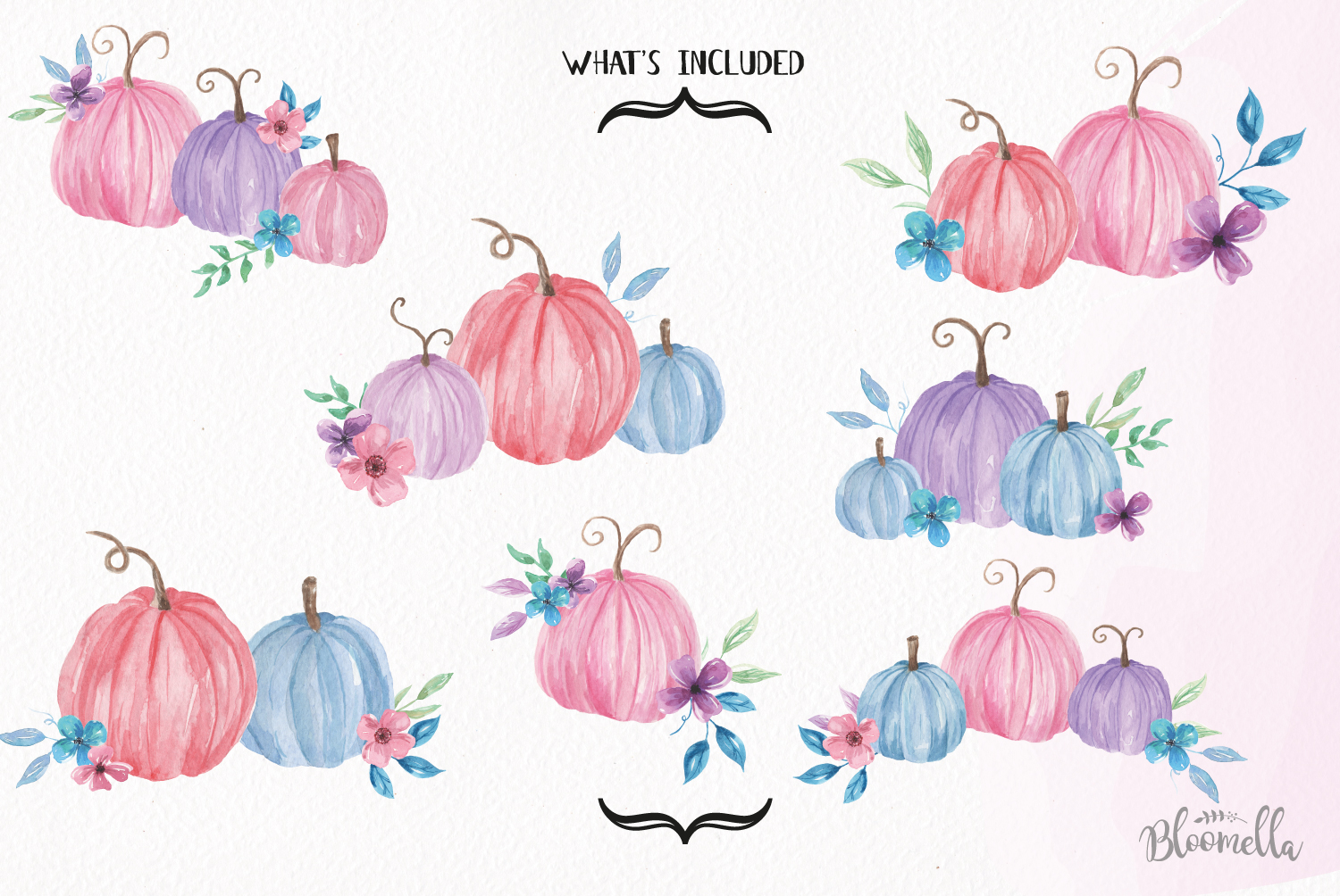 Watercolor Pretty Pumpkin Clipart Bouquets Harvest Autumn Fall Pink Purple