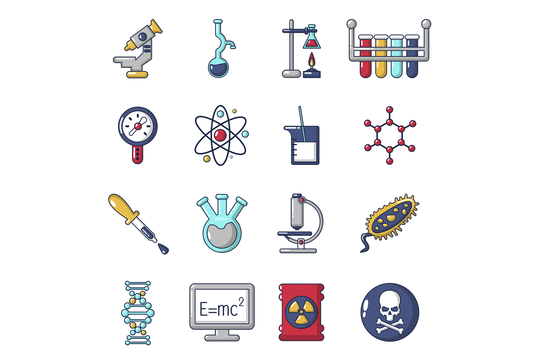 Chemistry laboratory icons set, cartoon style