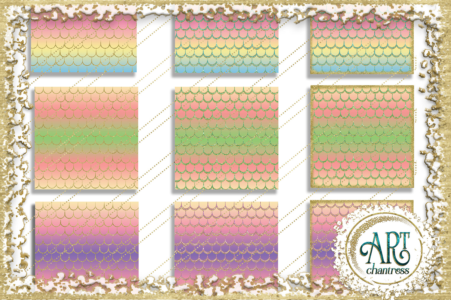 18 Digital Papers - Rainbow with Gold Glitter - Mermaid Scale Tail ...