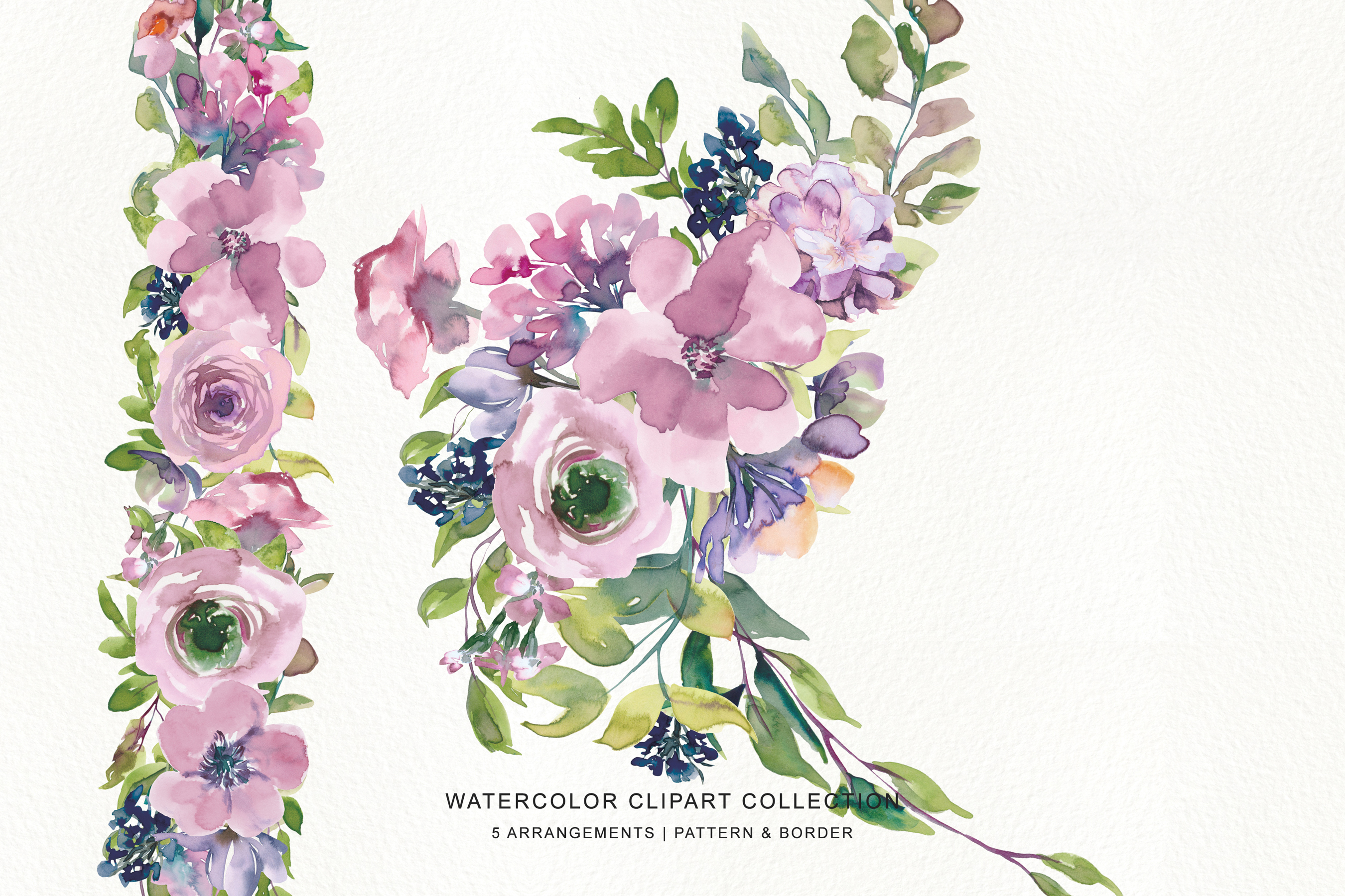 Watercolor Mauve Rose Clipart Pattern and Border
