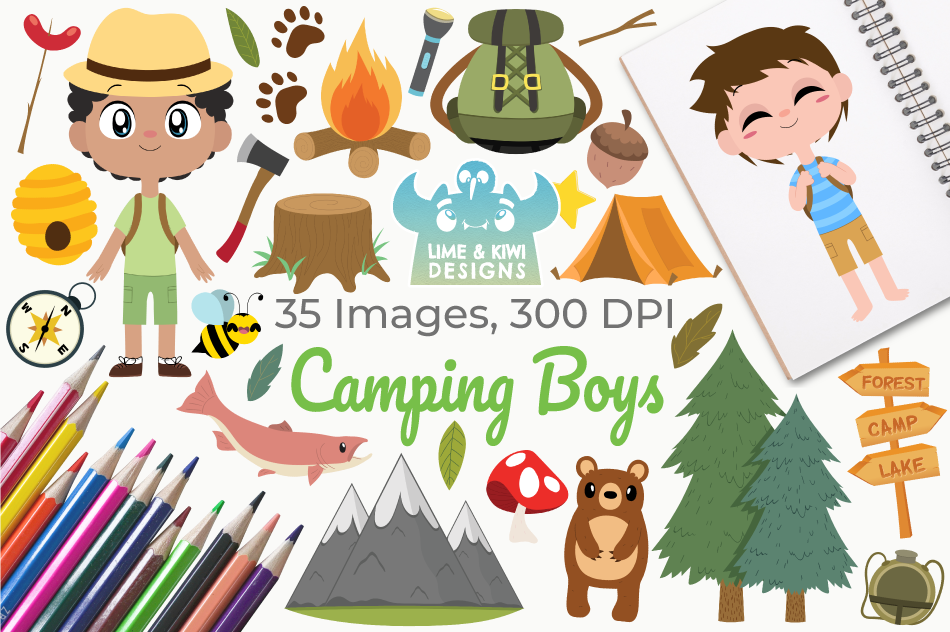 Camping Boys Clipart, Instant Download Vector Art