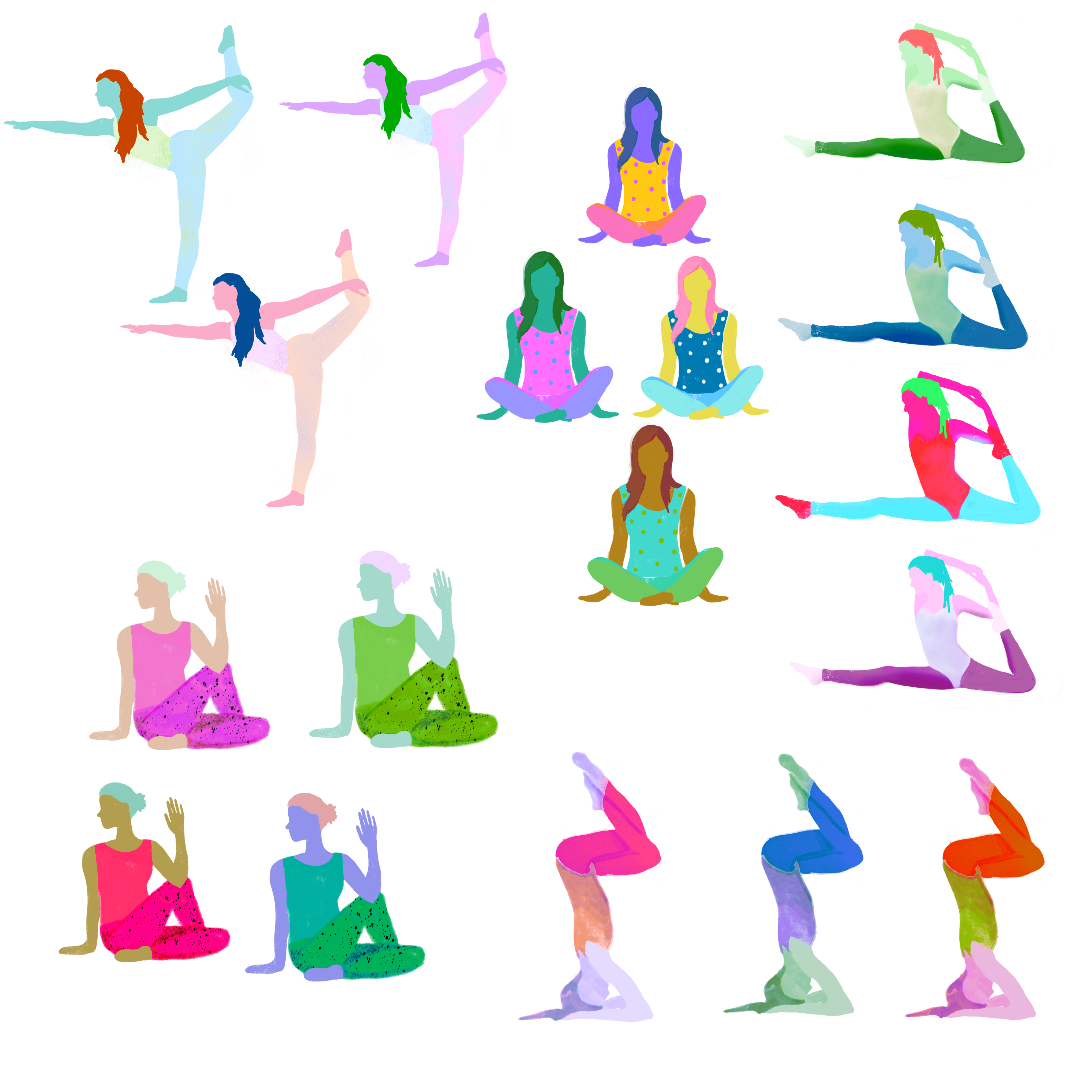 Yoga Poses Clip Art, Textured, Neon, Hand Painted Look