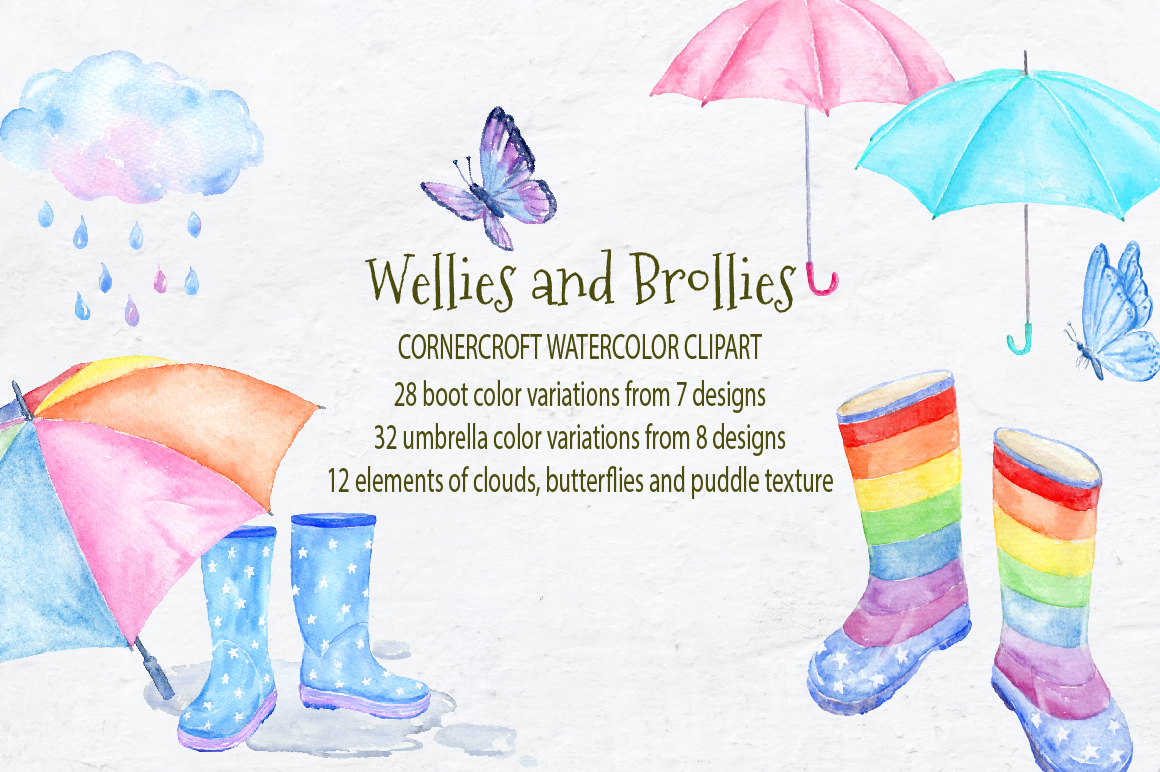 Watercolor Clipart Wellies and Brollies, Wellington Boots, Umbrellas ...