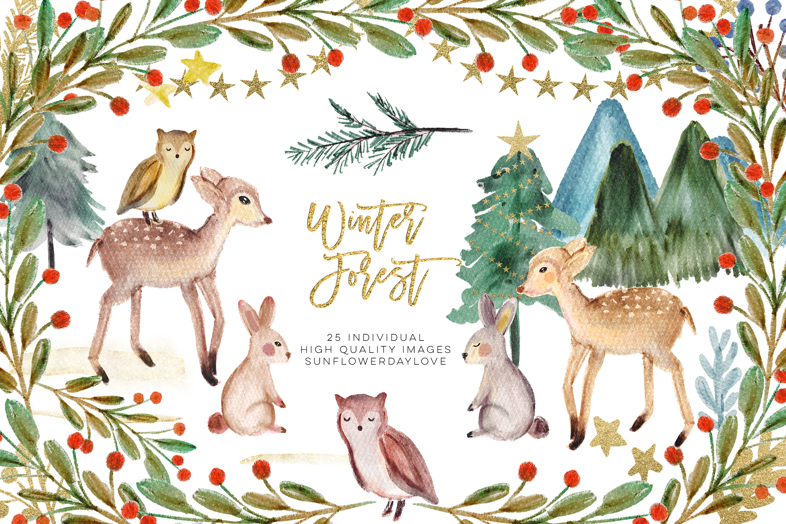 Winter Woodland Animals Clipart, Watercolor Pine Trees