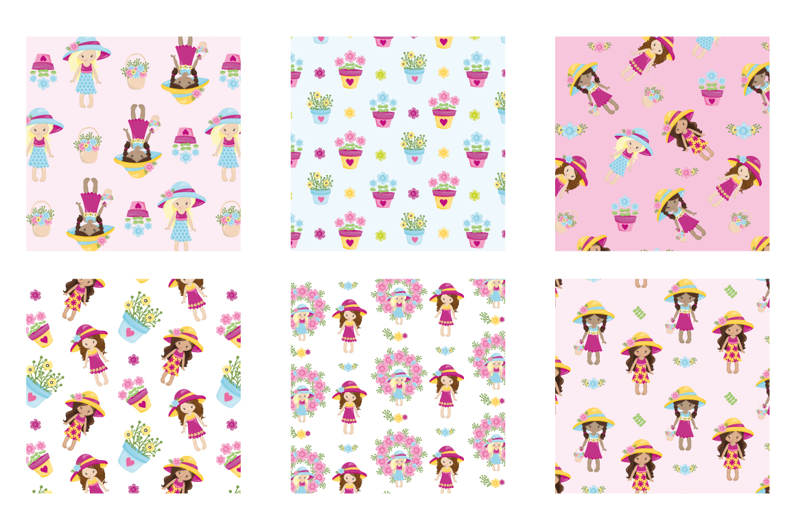 Spring Flower Girls patterns, vector patterns, backgrounds
