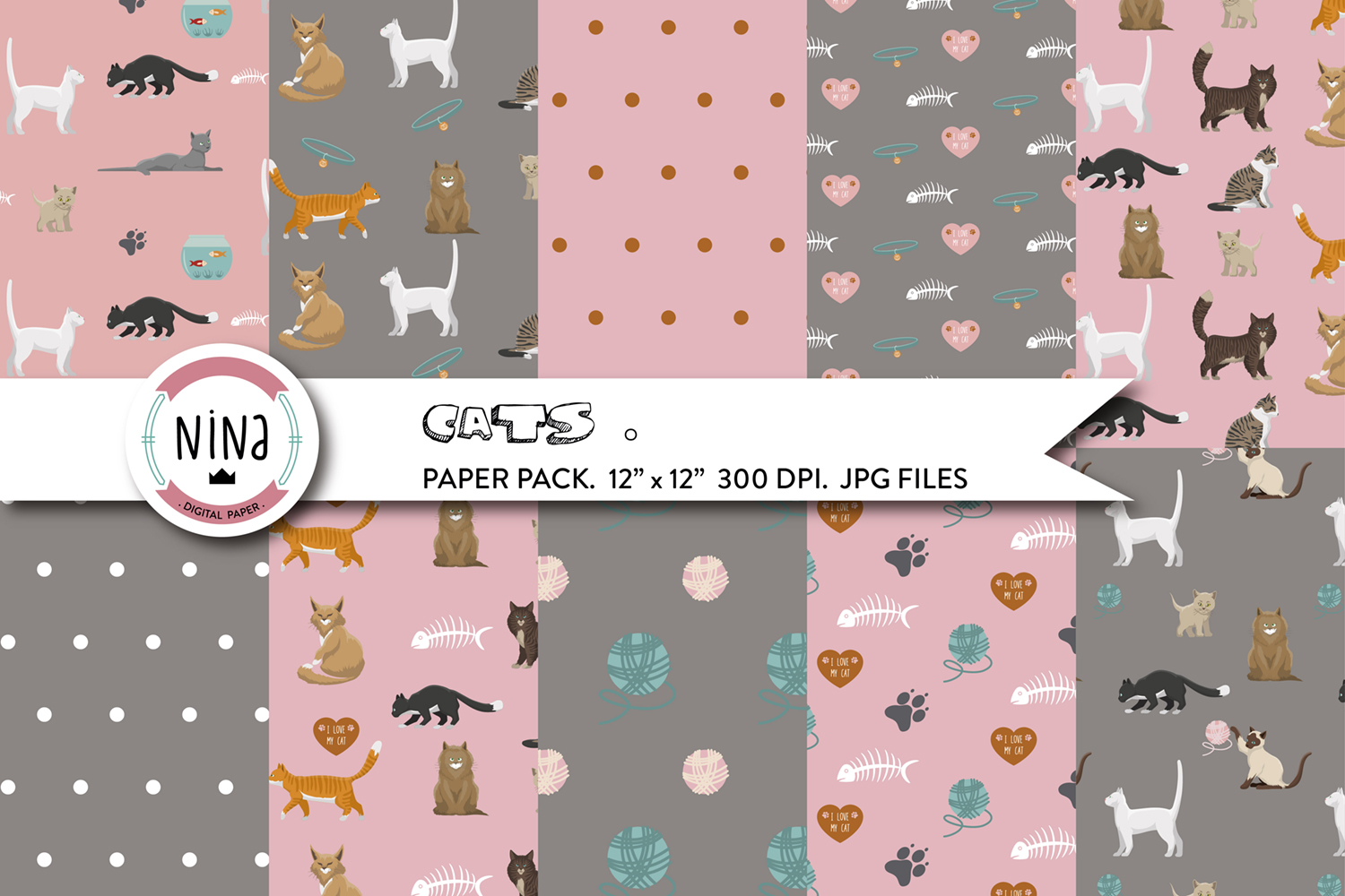 Love Cats digital paper pack, cats wrapping paper, cute cats (519546 ...