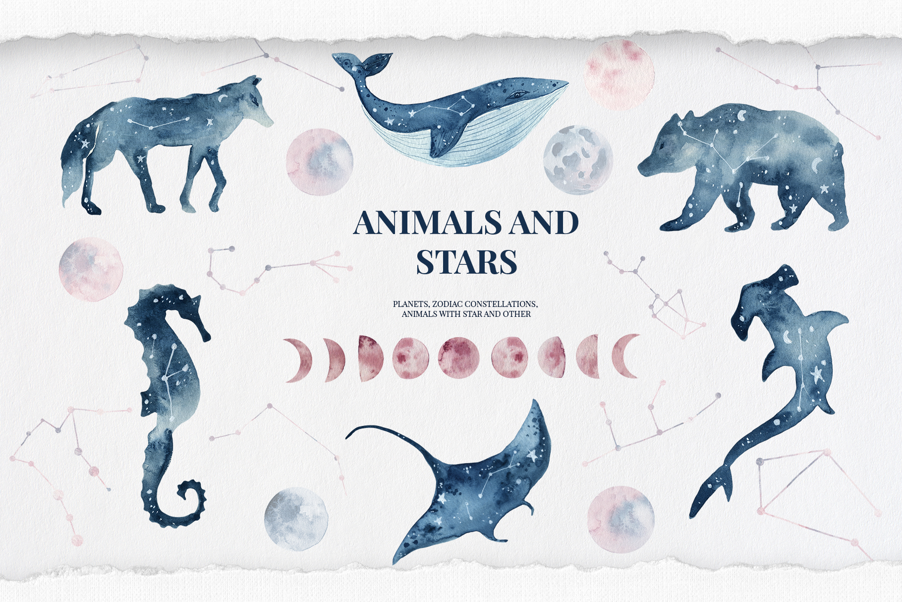 Animals and stars collection, Watercolor Constellation,